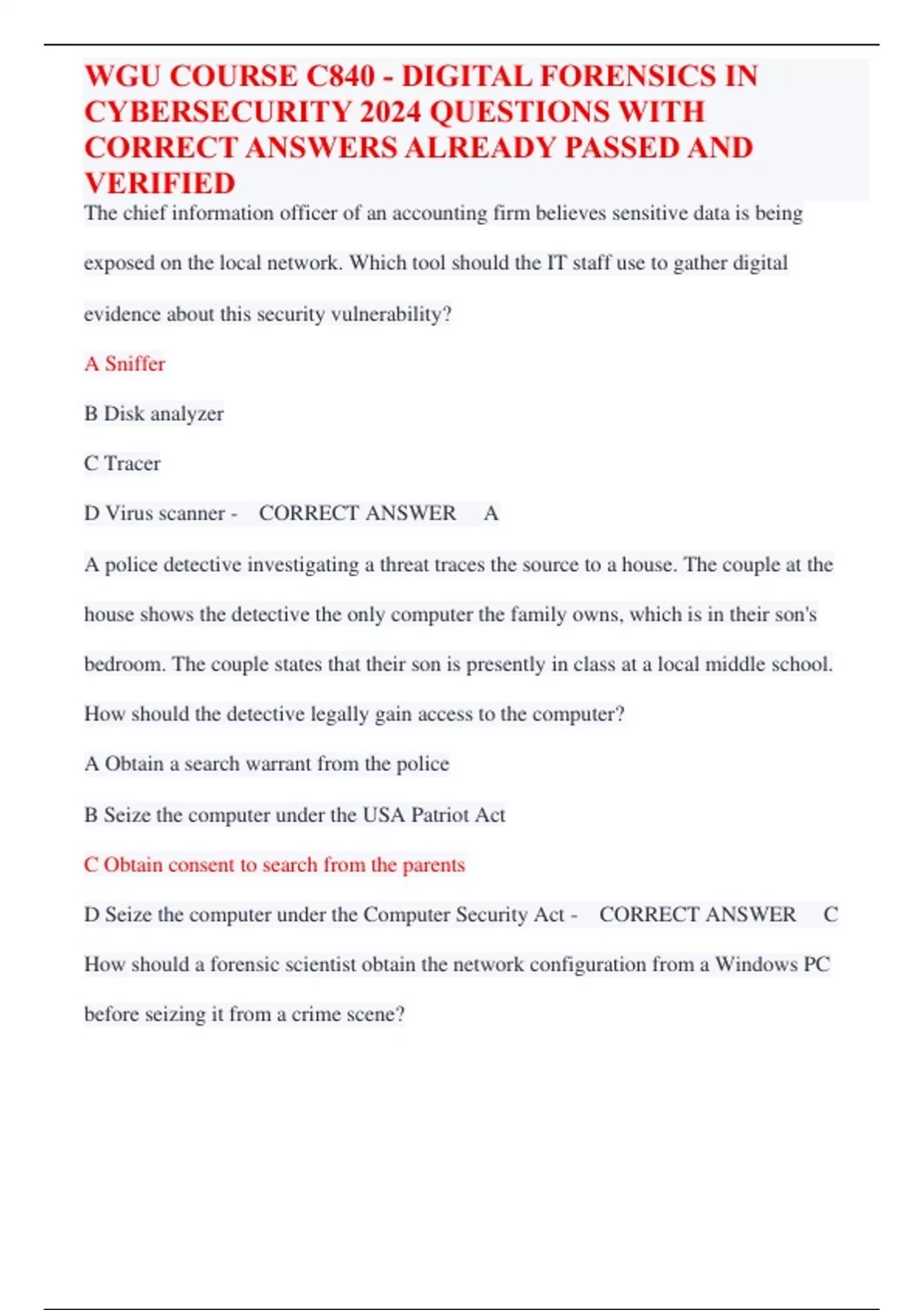 WGU COURSE C840 - DIGITAL FORENSICS IN CYBERSECURITY 2024 QUESTIONS ...