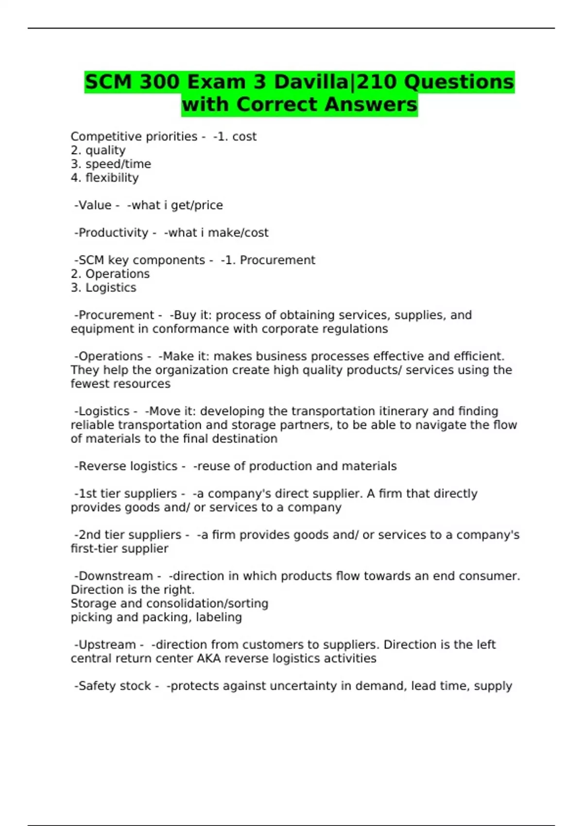 SCM 300 Exam 3 Davilla|210 Questions with Correct Answers - SCM 300 ...