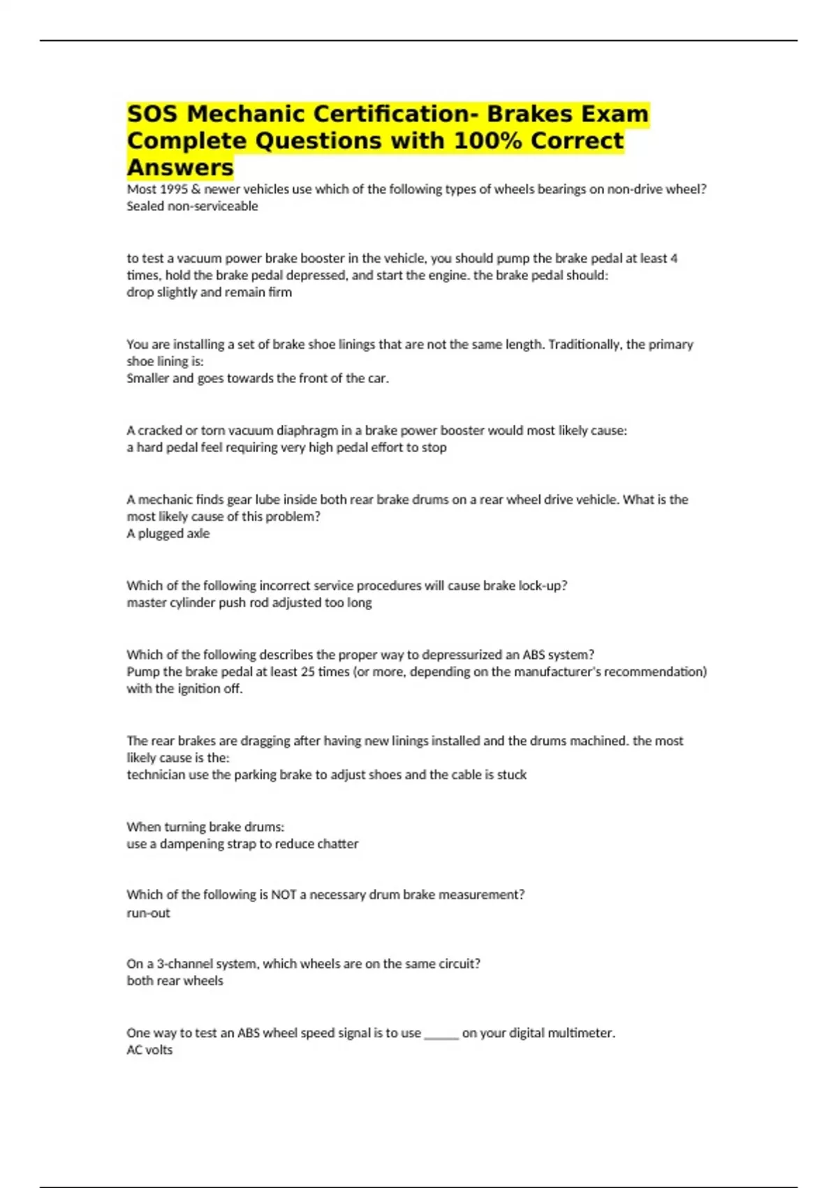 SOS Mechanic Certification- Brakes Exam Complete Questions with 100% ...