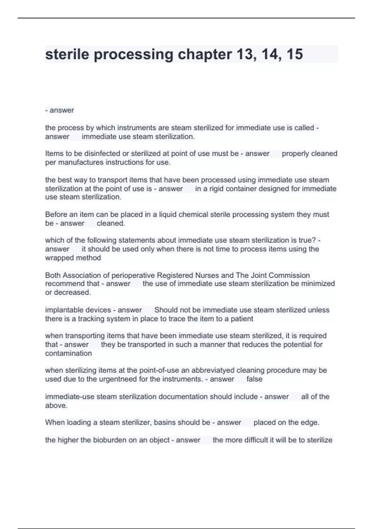 sterile processing chapter 13, 14, 15 Questions with Accurate Answers 2024 - Sterile Processing ...