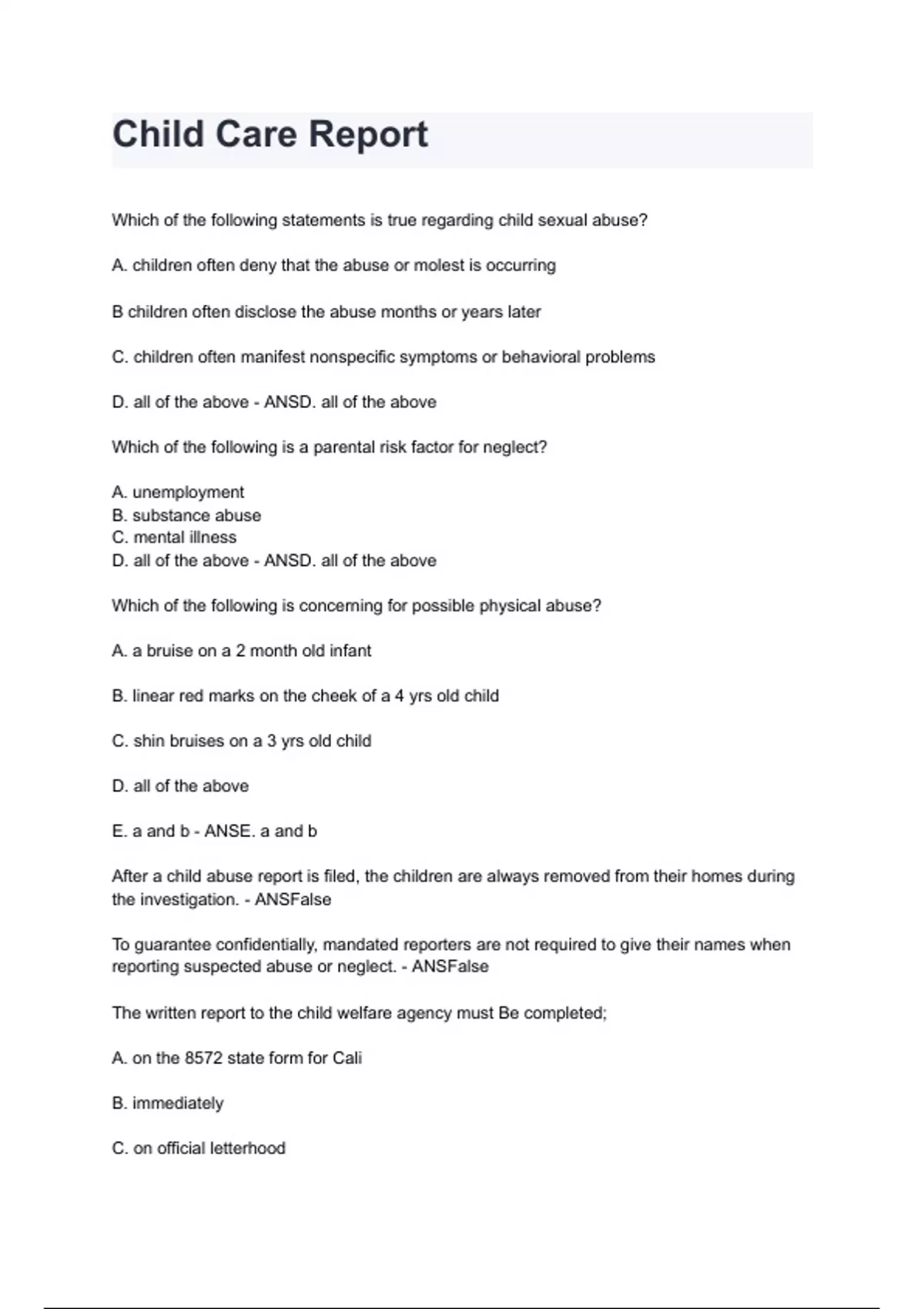 Child Care Report questions and answers graded A+ by experts 2024/2025 ...
