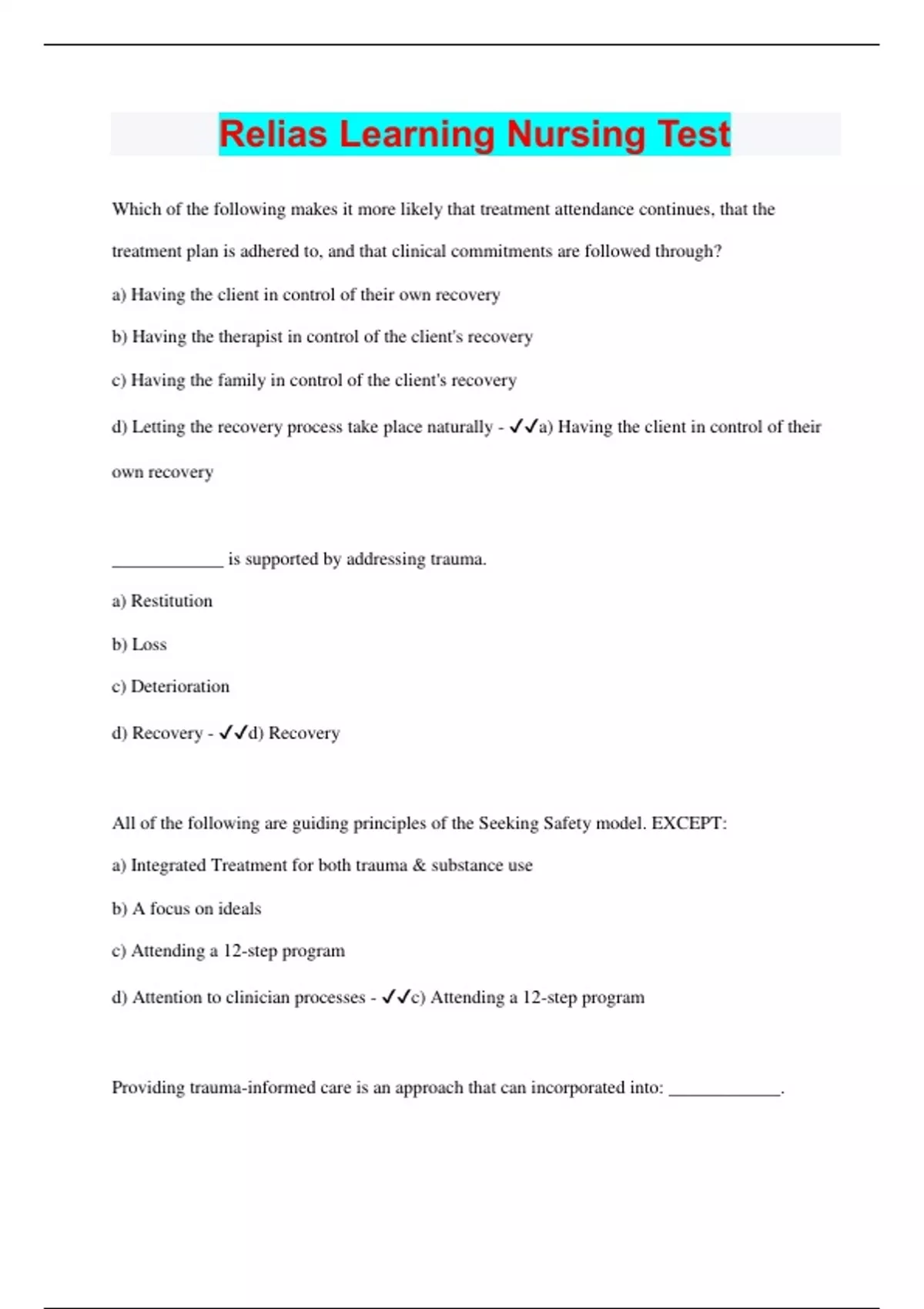 Relias Learning Nursing Test - Relias Learning Nursing - Stuvia US