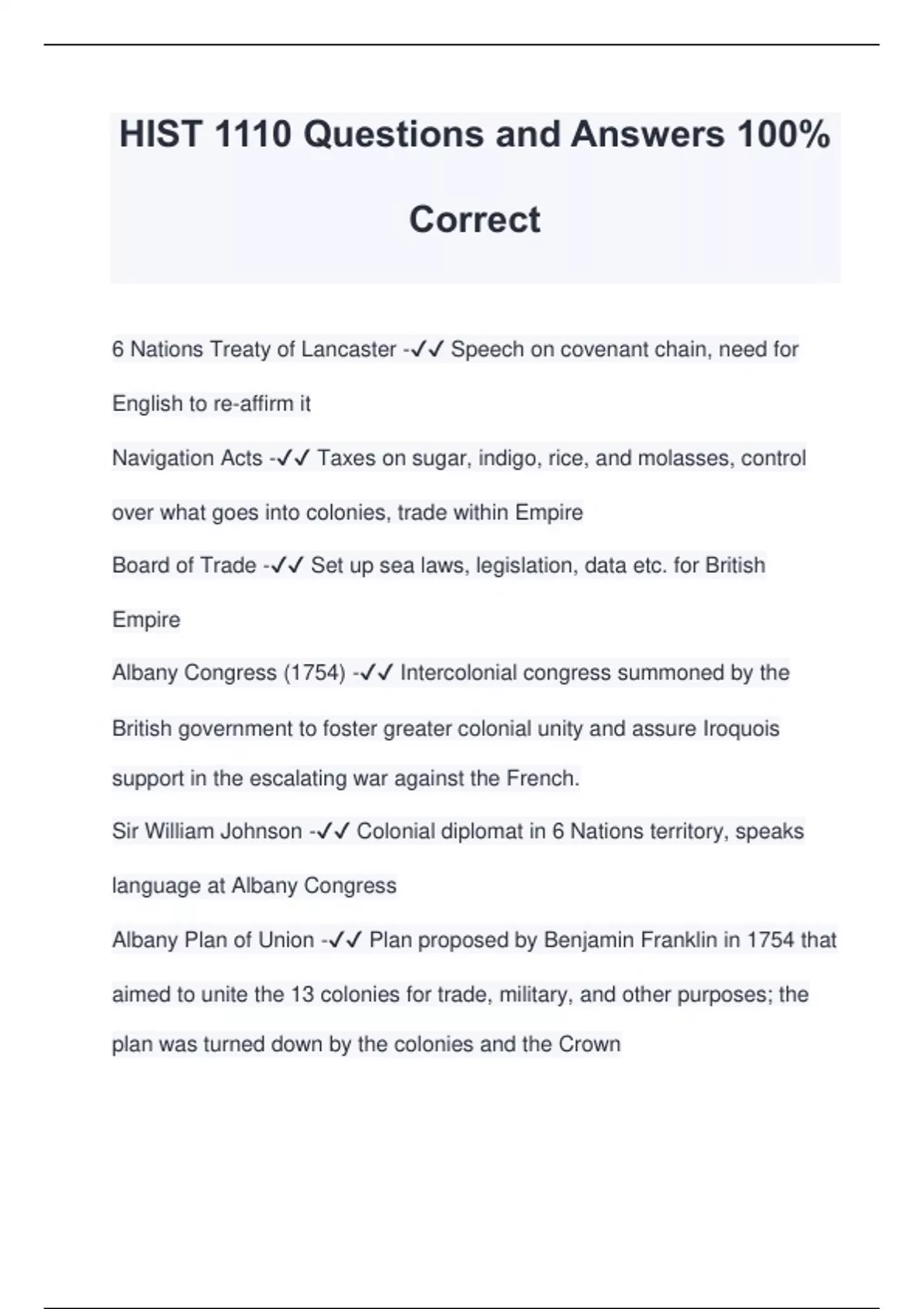 HIST 1110 Questions and Answers 100% Correct - History - Stuvia US