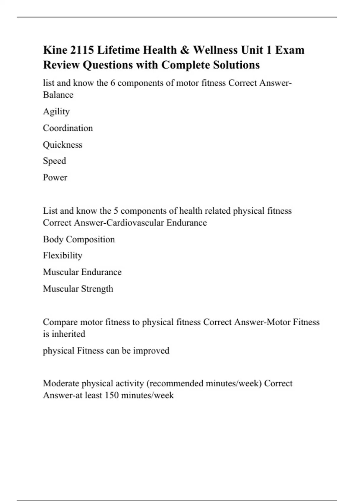 Kine 2115 Lifetime Health & Wellness Unit 1 Exam Review Questions with ...