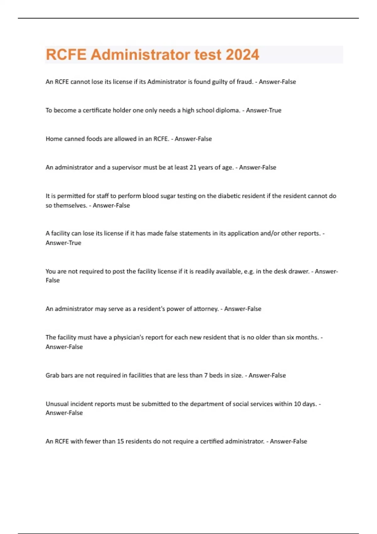 RCFE Administrator test 2024 Questions With Correct Solutions, Already ...