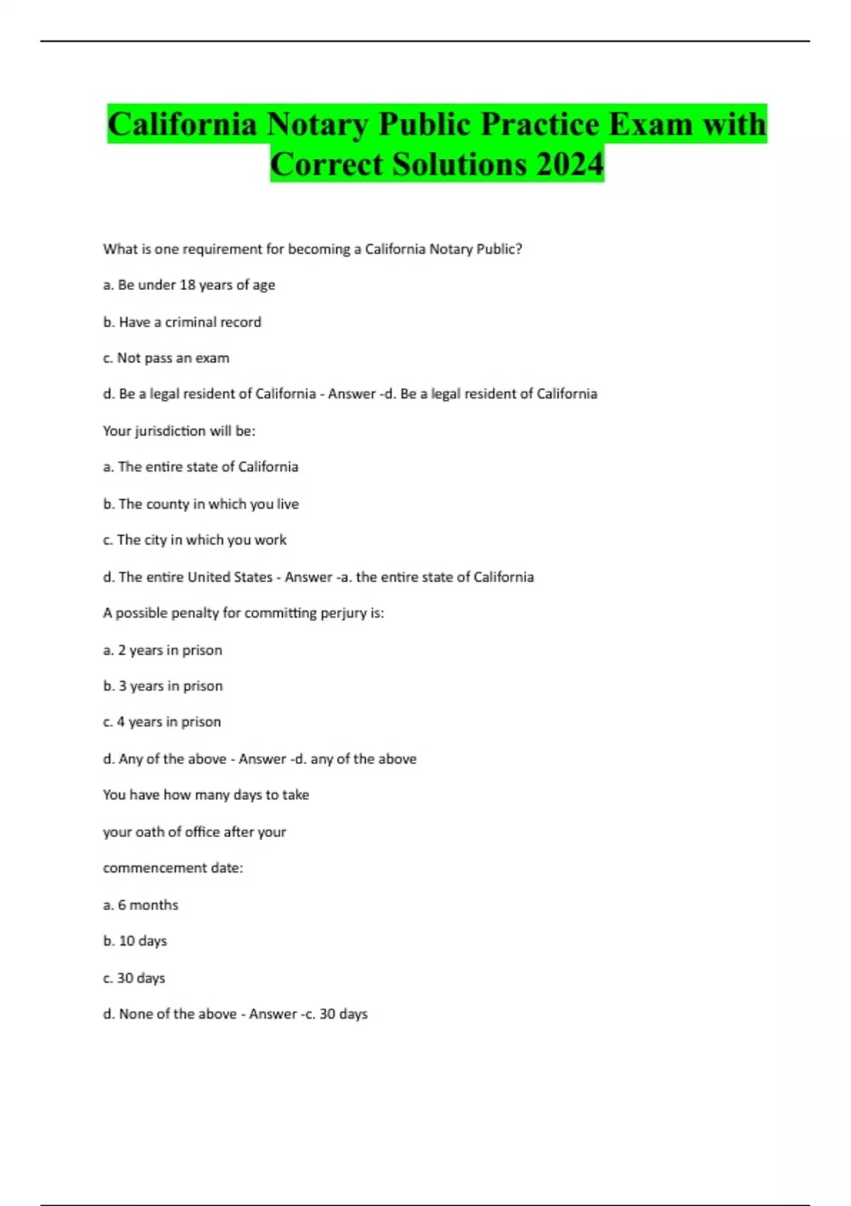 California Notary Public Practice Exam with Correct Solutions 2024 - CA ...