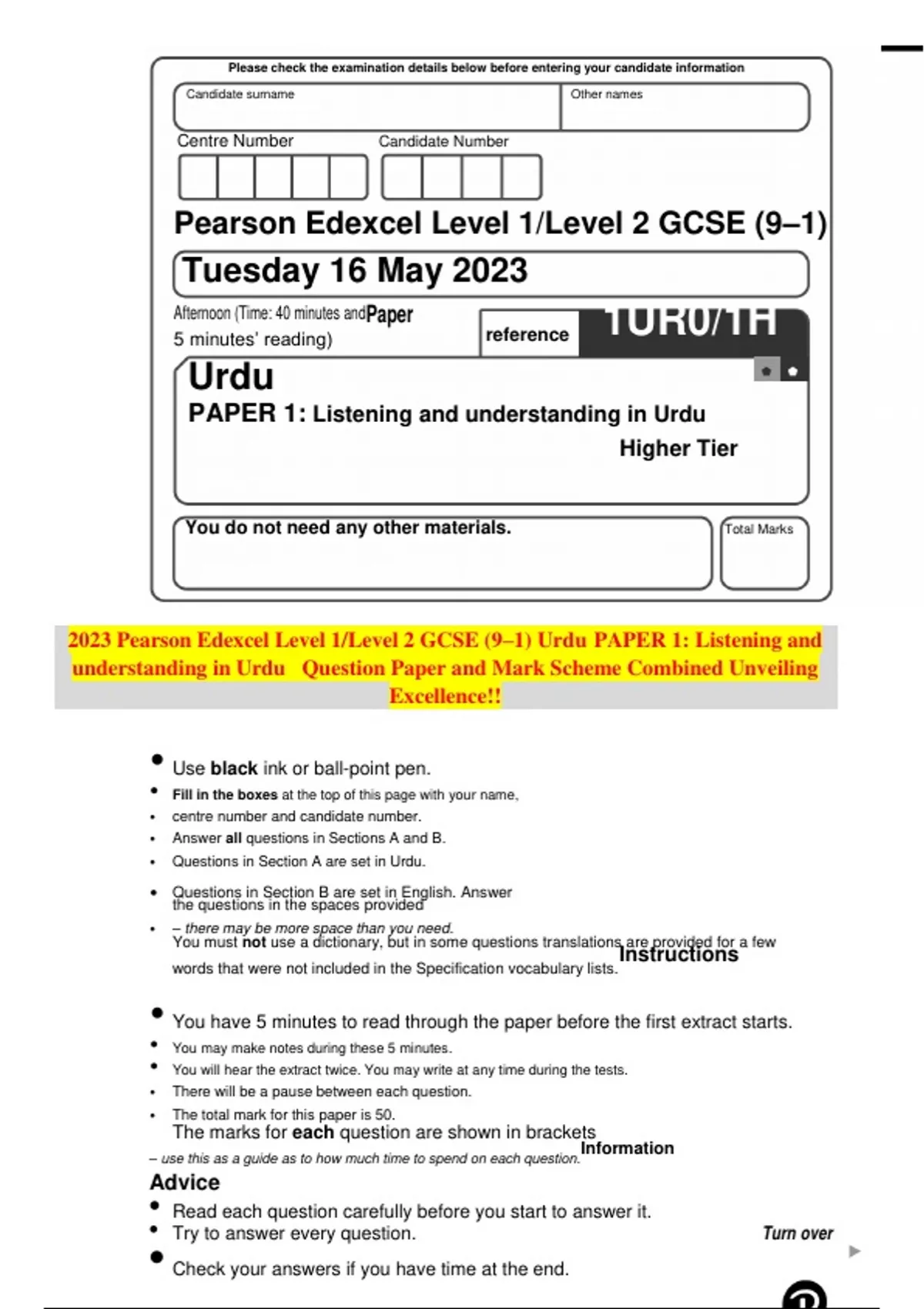 2023 Pearson Edexcel Level 1/Level 2 GCSE (9–1) Urdu PAPER 1: Listening ...