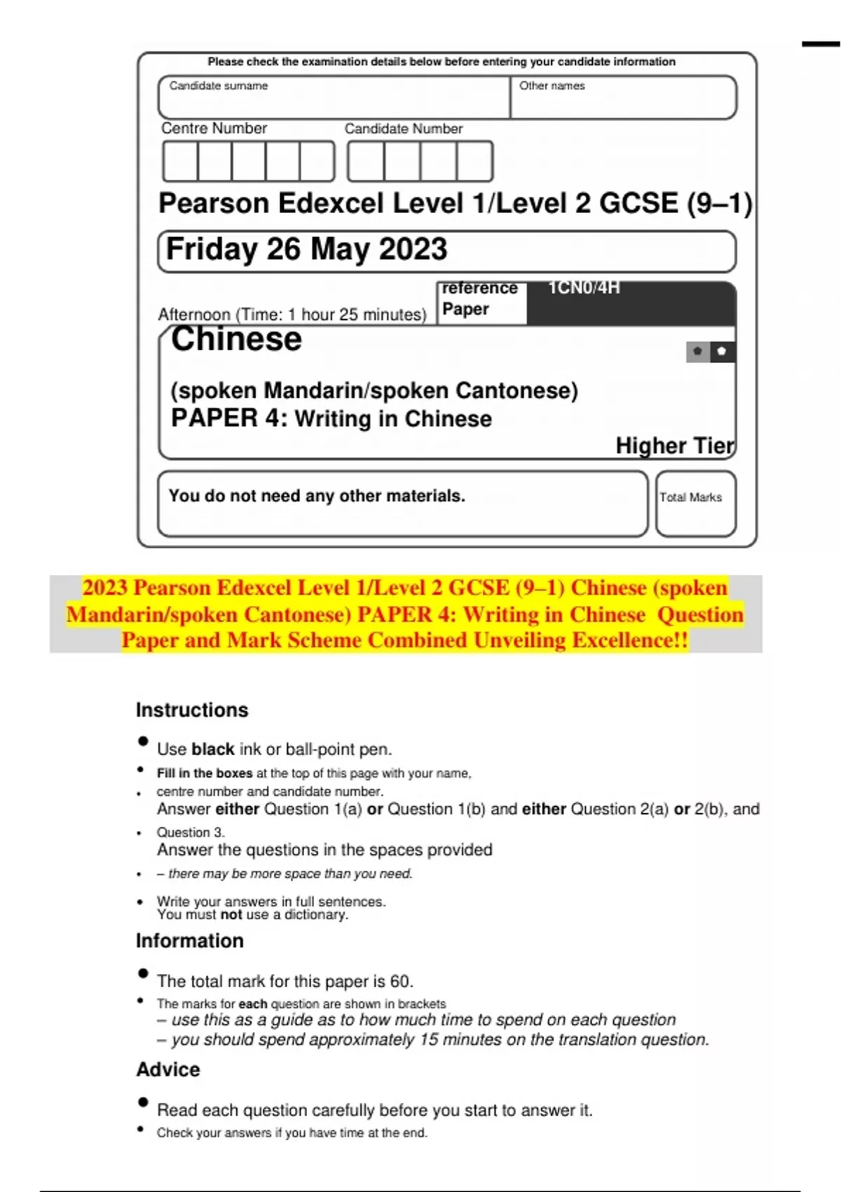 2023 Pearson Edexcel Level 1/Level 2 GCSE (9–1) Chinese (spoken ...