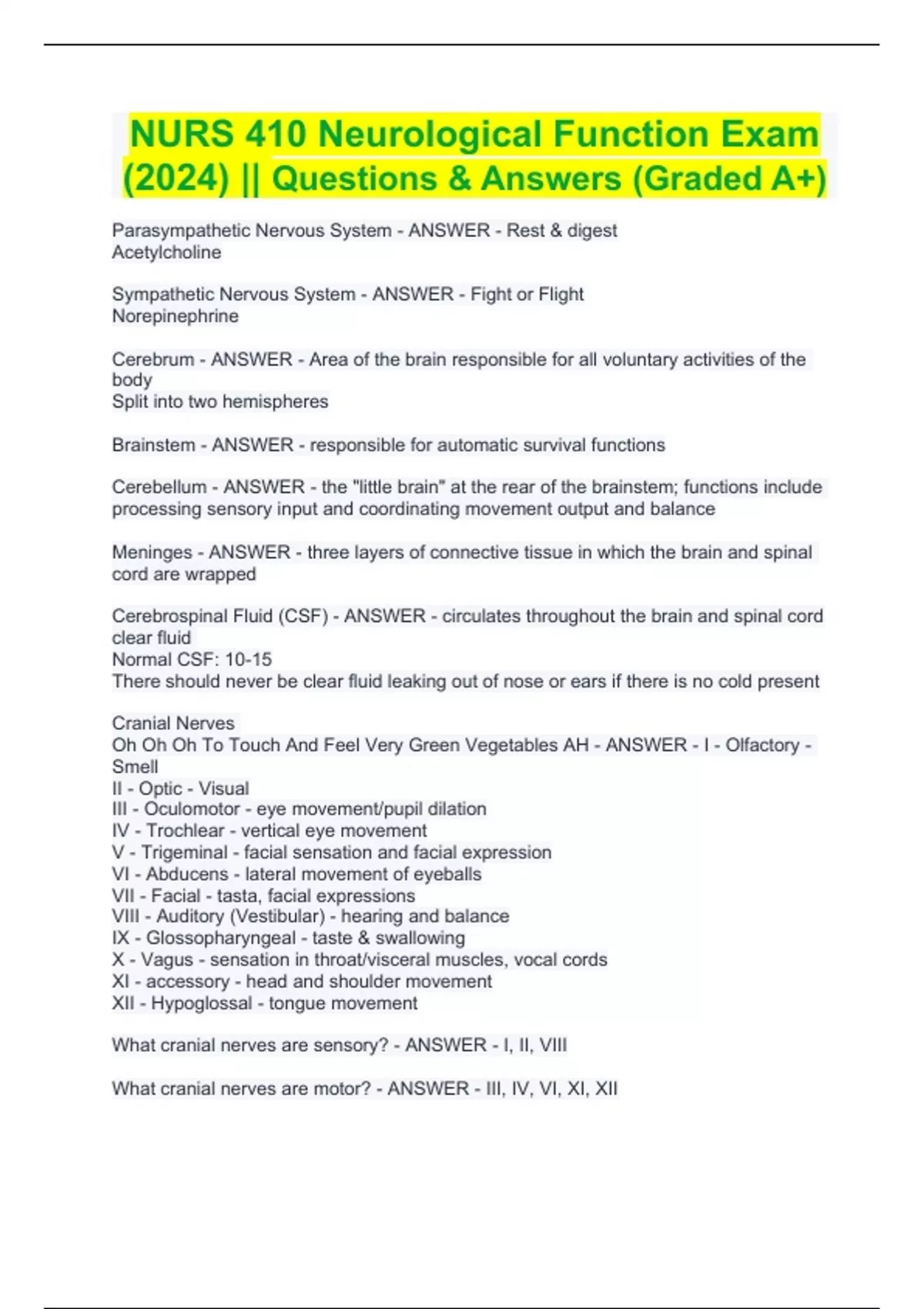 NURS 410 Neurological Function Exam (2024) || Questions & Answers ...