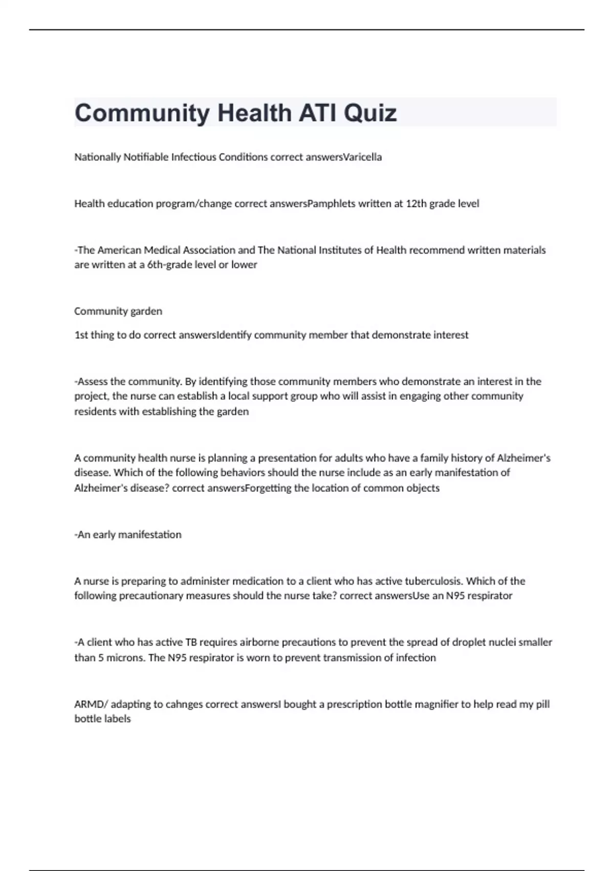 Community Health ATI Quiz with complete solutions - Community Health ...