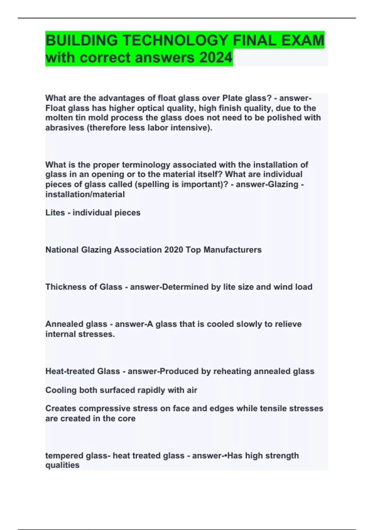 BUILDING TECHNOLOGY FINAL EXAM with correct answers 2024 - Building ...