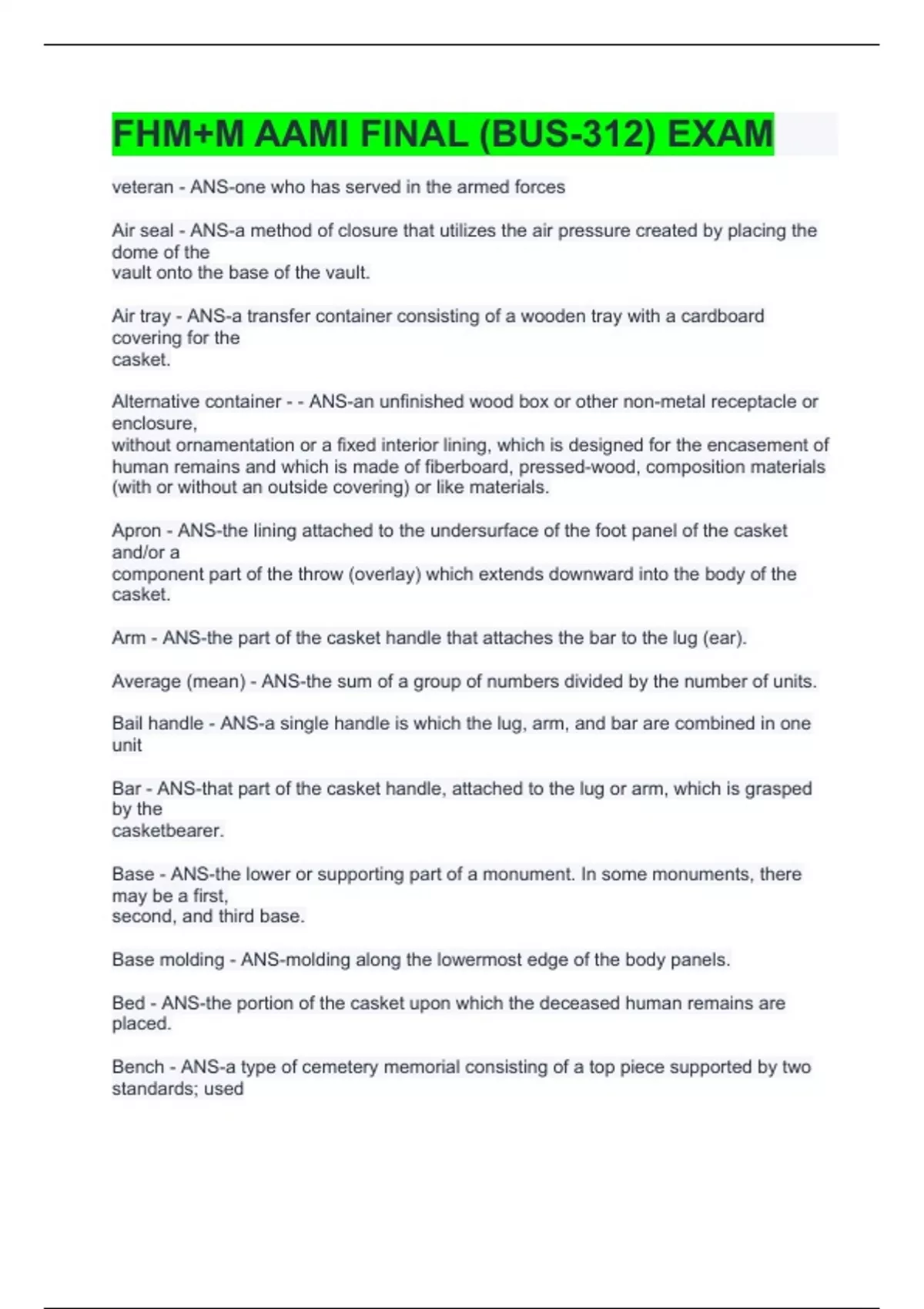 FHM+M AAMI FINAL (BUS-312) EXAM - AAMI Funeral - Stuvia US