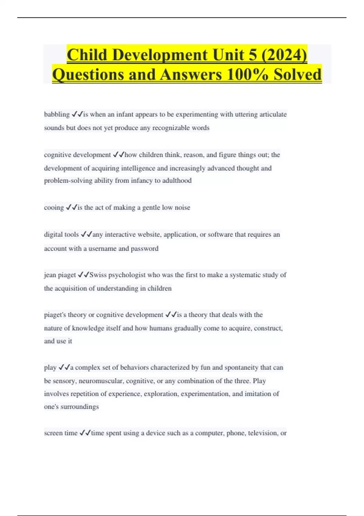 Child Development Unit 5 (2024) Questions and Answers 100% Solved ...