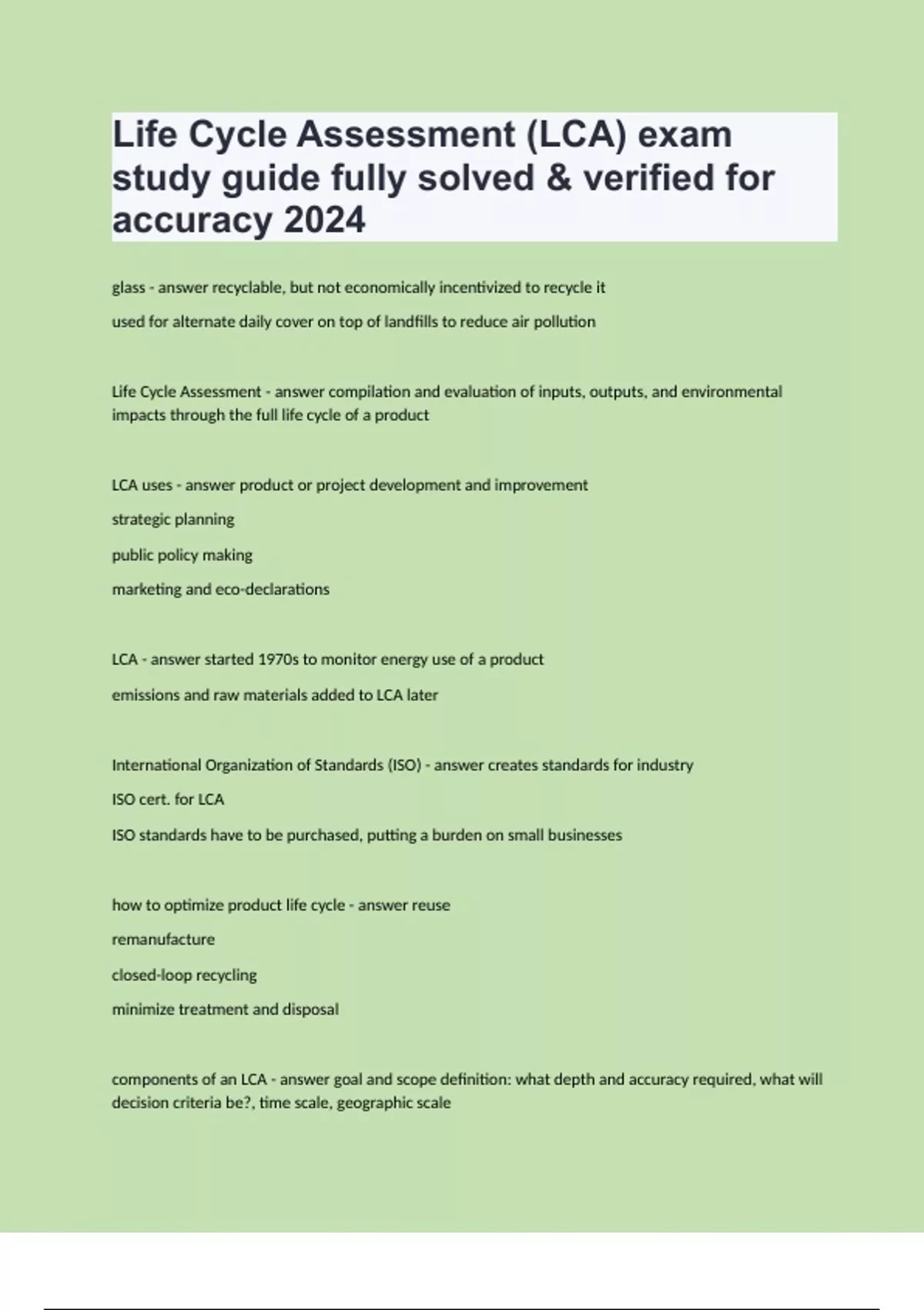 Life Cycle Assessment (LCA) exam study guide fully solved & verified ...