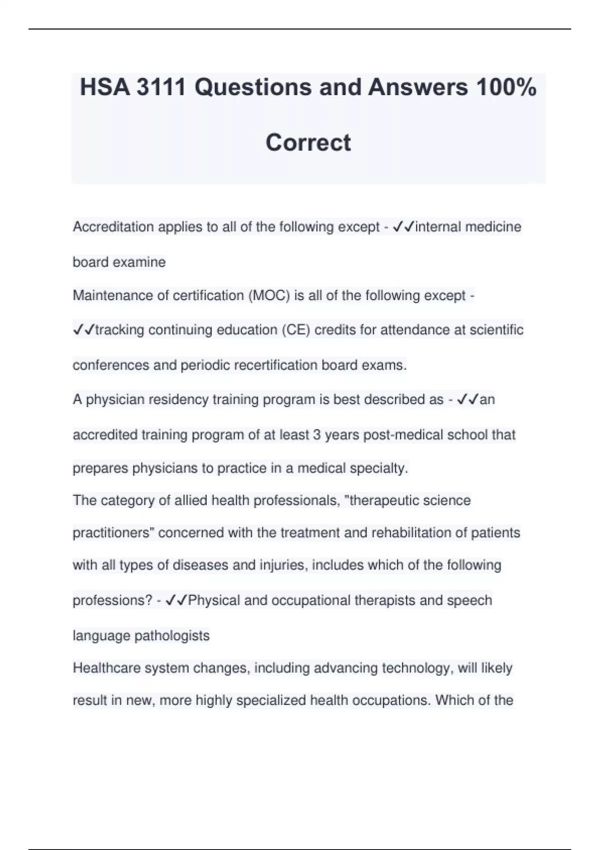 HSA EXAM PACKAGE DEAL QUESTIONS AND VERIFIED ANSWERS 100% GUARANTEED ...