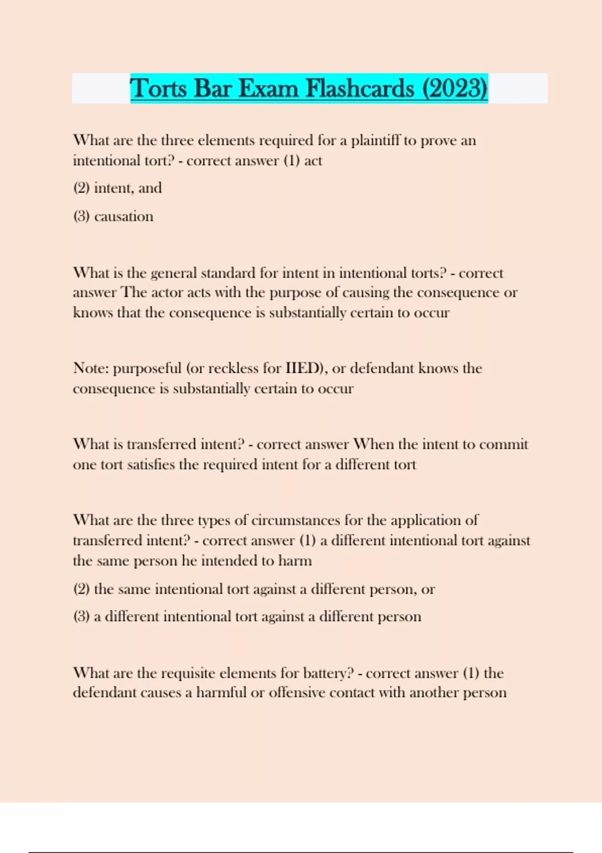 Torts Bar Exam Flashcards (2023) Questions and answers latest update ...