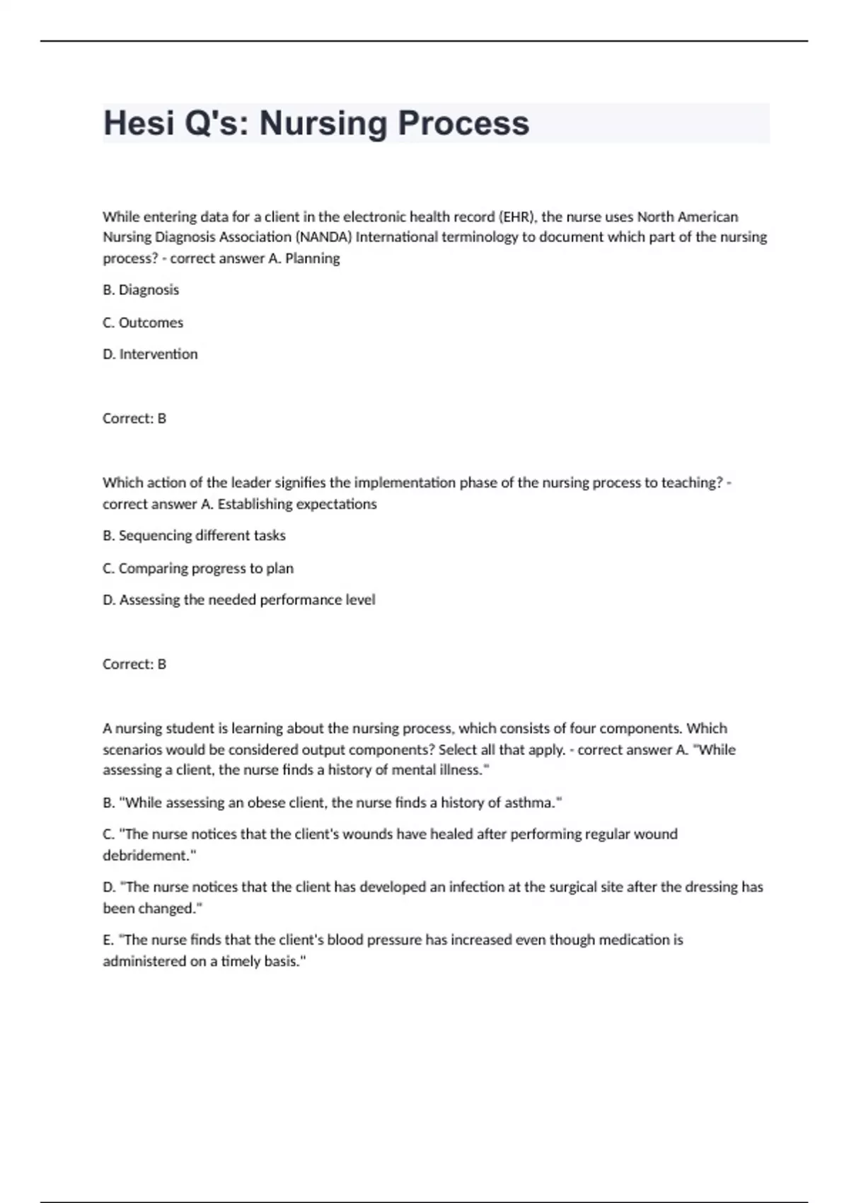 Hesi Q's Nursing Process HESI Nursing Nightingale College - Questions ...