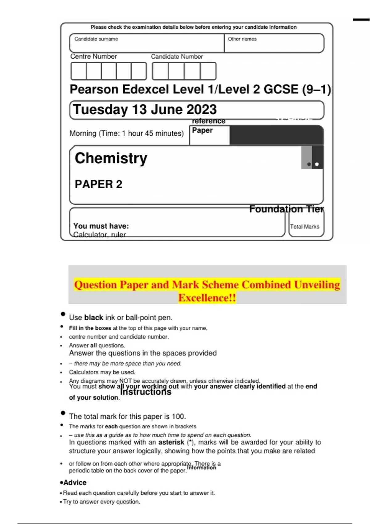 Pearson Edexcel Level 1/Level 2 GCSE (9–1) Chemistry PAPER 2 Question ...