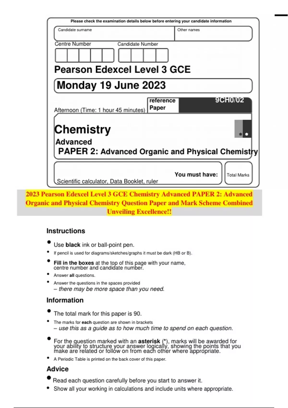 2023 Pearson Edexcel Level 3 GCE Chemistry Advanced PAPER 2: Advanced ...
