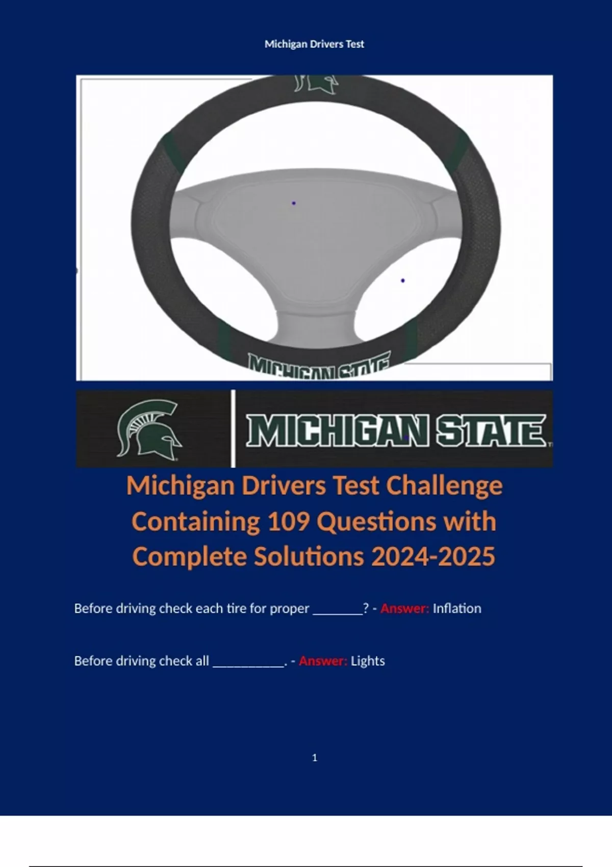 Michigan Drivers Test Challenge Containing 109 Questions with Complete ...