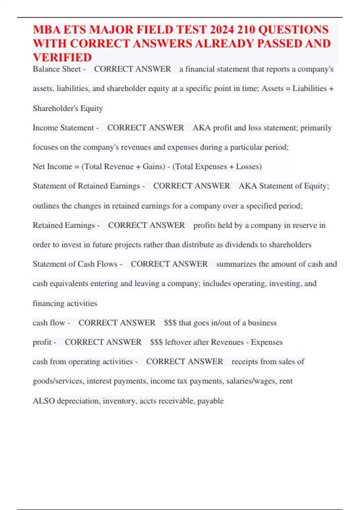 UPDATED MBA ETS MAJOR FIELD TEST 2024 |210 QUESTIONS WITH CORRECT ...