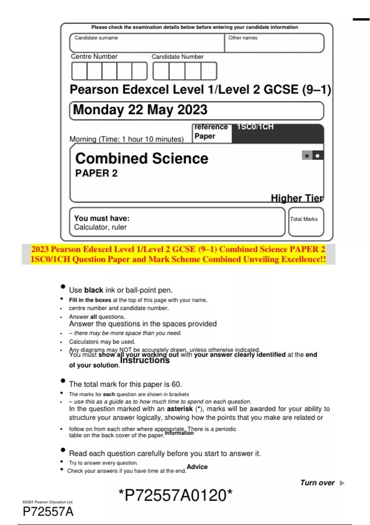 2023 Pearson Edexcel Level 1/Level 2 GCSE (9–1) Combined Science PAPER ...