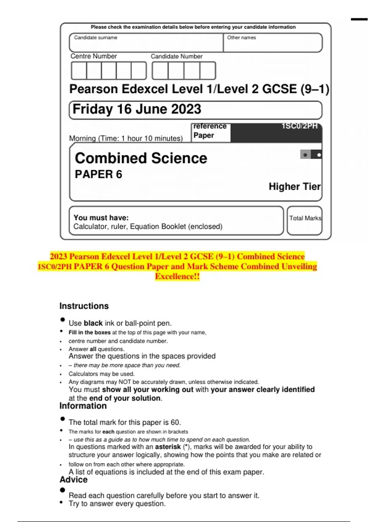 2023 Pearson Edexcel Level 1/Level 2 GCSE (9–1) Combined Science 1SC0 ...