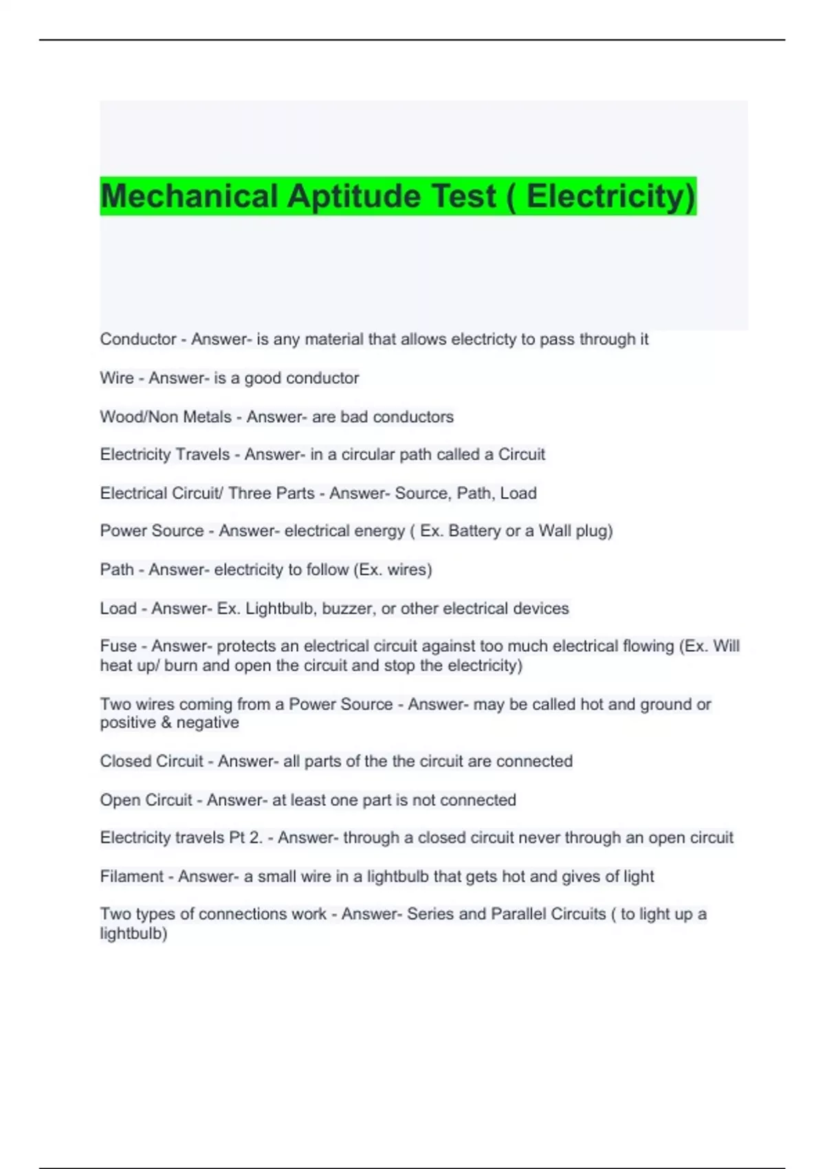 Mechanical Aptitude Test ( Electricity) Questions and Answers ...
