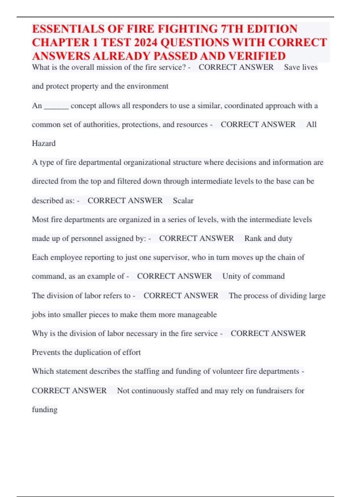 ESSENTIALS OF FIRE FIGHTING 7TH EDITION CHAPTER 1 TEST 2024 QUESTIONS ...