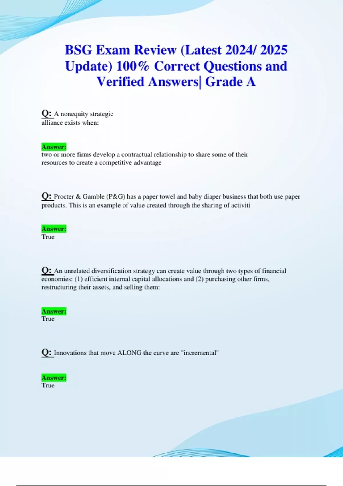 BSG Exam Review (Latest 2024/ 2025 Update) 100% Correct Questions and ...