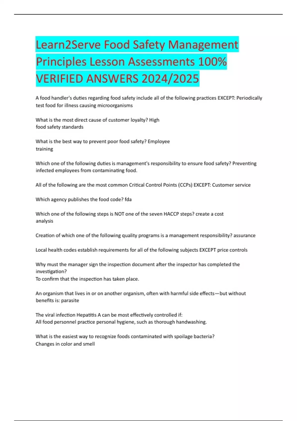 Learn2Serve Food Safety Management Principles Lesson Assessments 100% ...