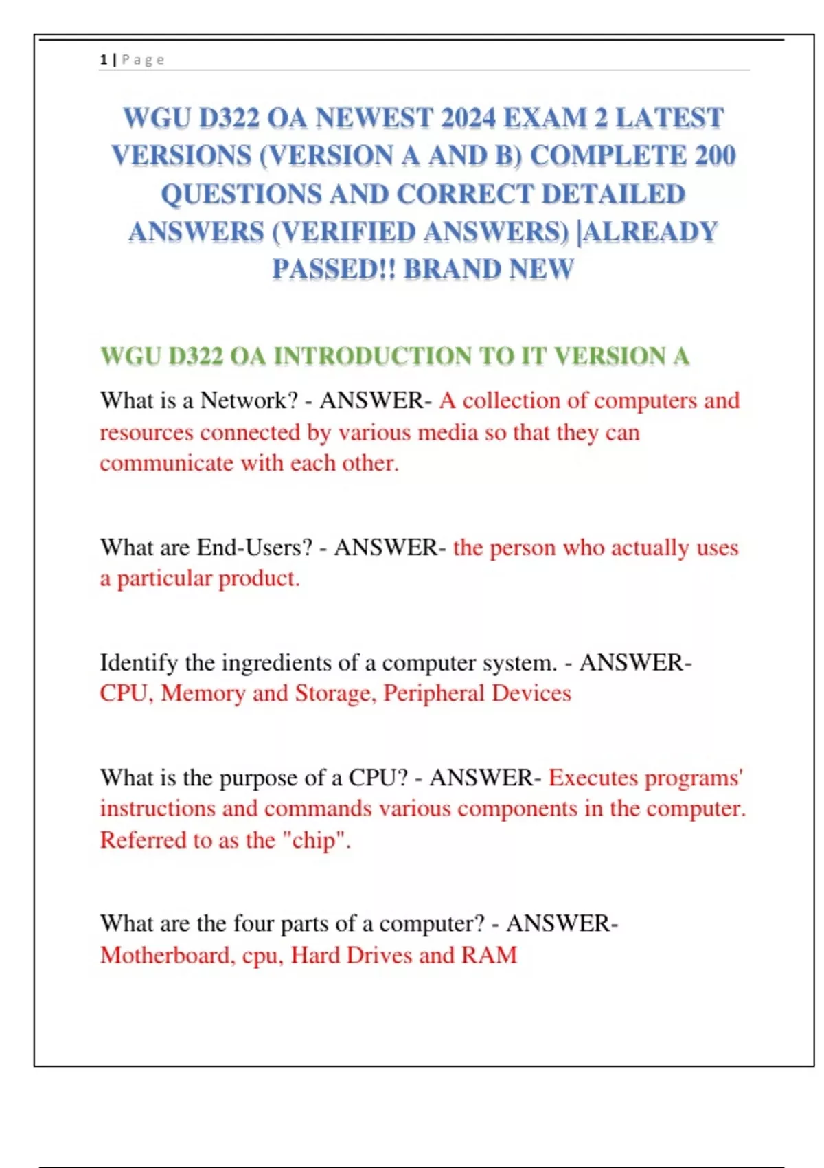 WGU D322 OA NEWEST 2024 EXAM 2 LATEST VERSIONS (VERSION A AND B ...