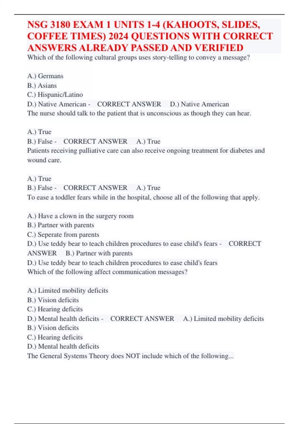 UPDATED NSG 3180 EXAM 1 UNITS 1-4 (KAHOOTS, SLIDES, COFFEE TIMES) 2024 QUESTIONS WITH CORRECT ...