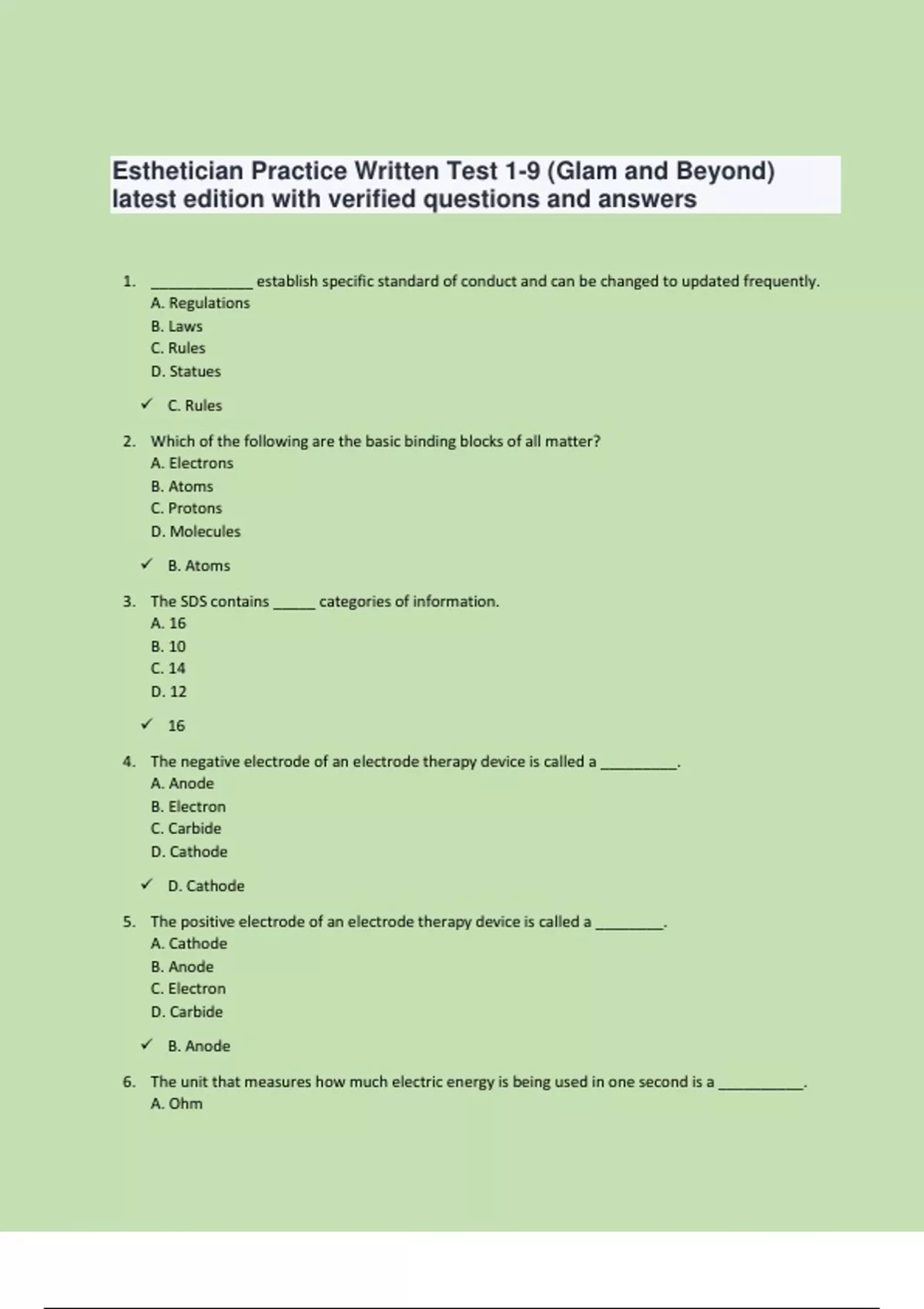 Esthetician Practice Written Test 1-9 (Glam and Beyond) latest edition ...