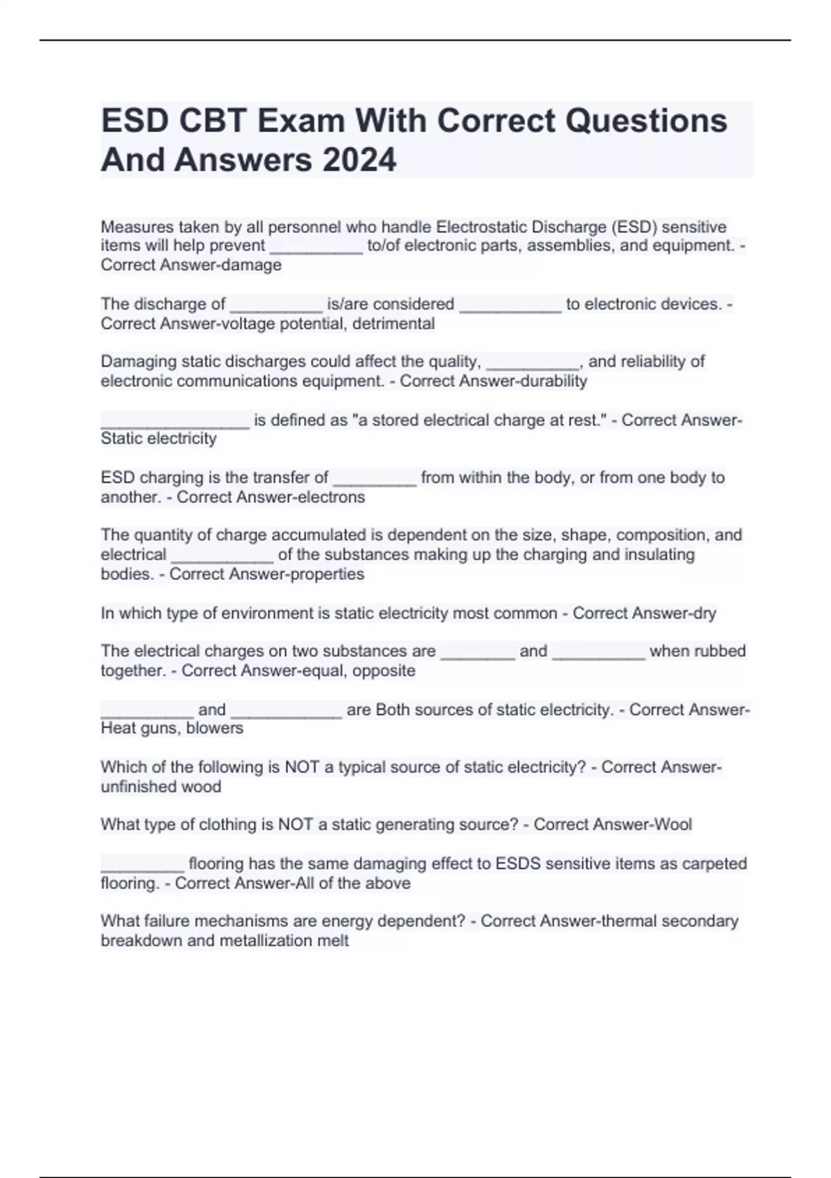 ESD CBT Exam With Correct Questions And Answers 2024 - ESD CBT - Stuvia US