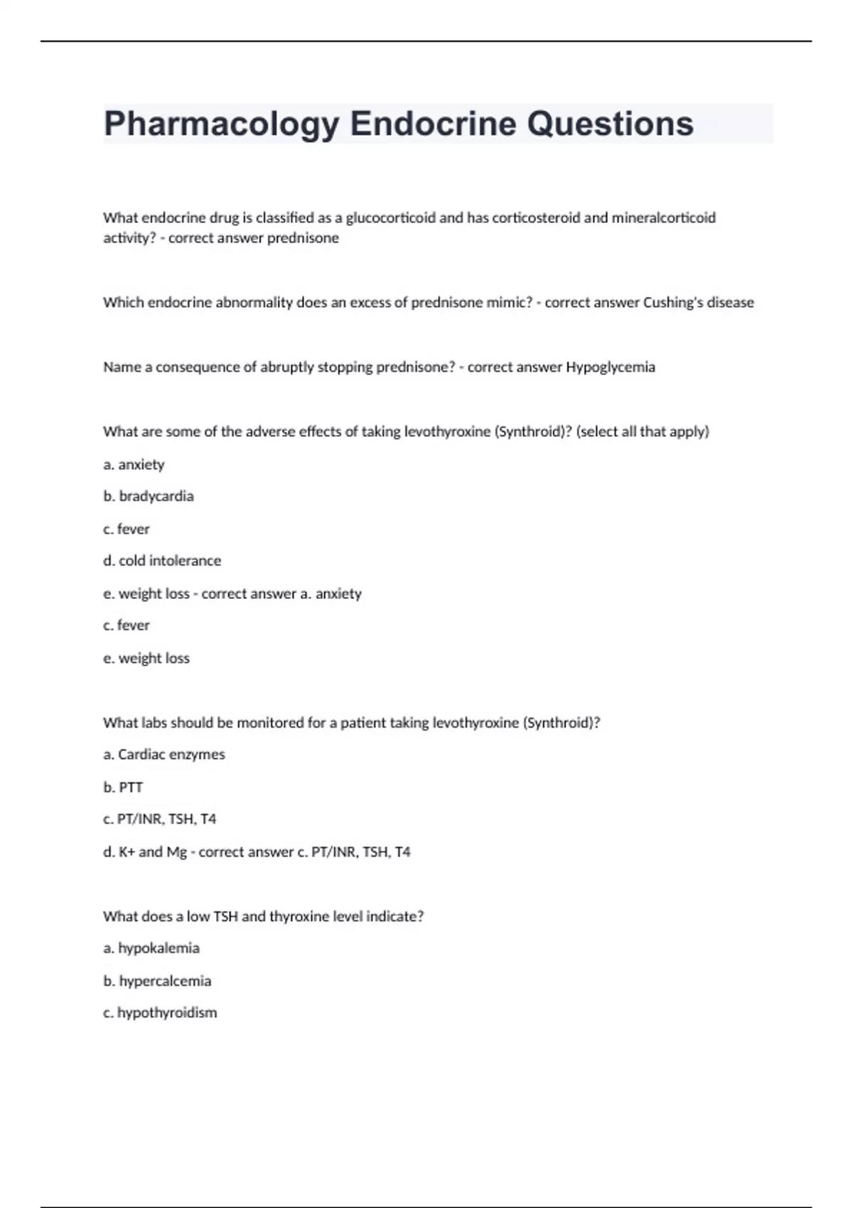 Pharmacology Endocrine Questions fully solved 2024 - Nclex - Stuvia US