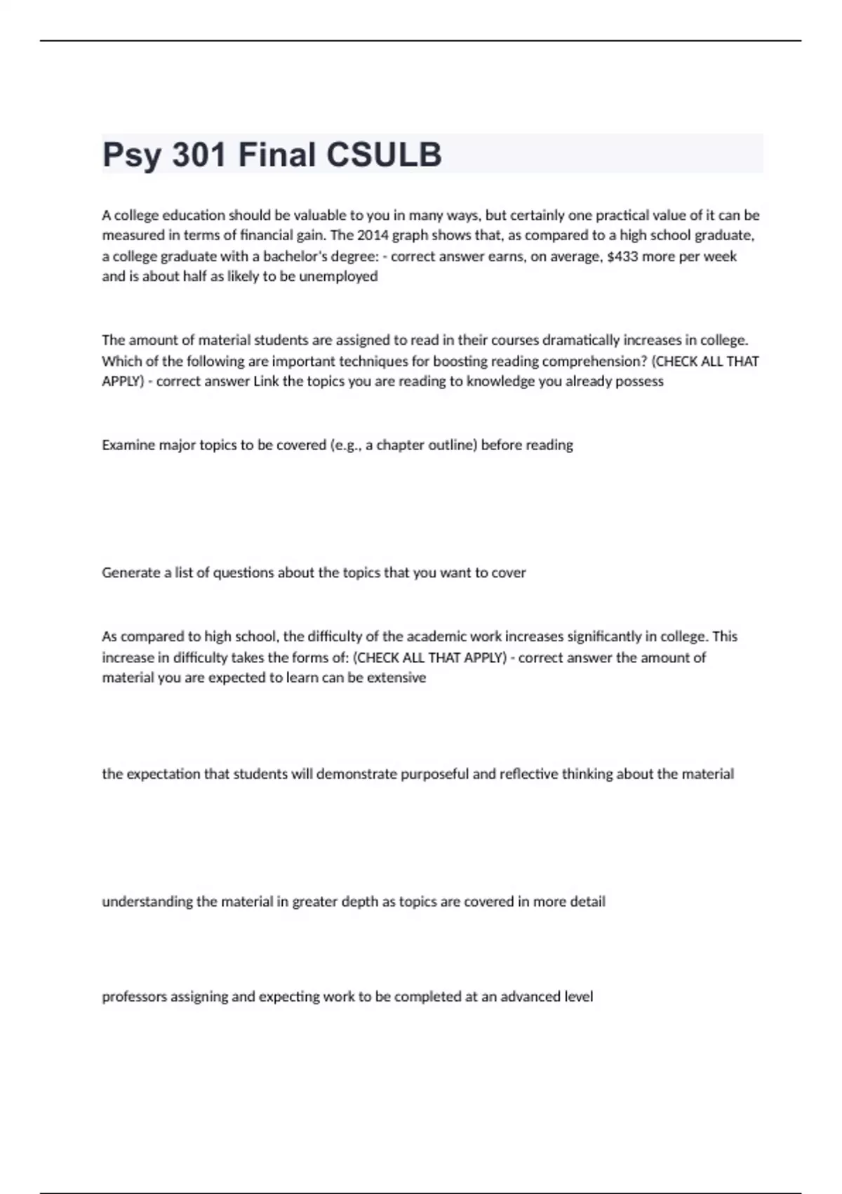 Psy 301 Final CSULB Questions with complete solved 2024 - CSULB - Stuvia US