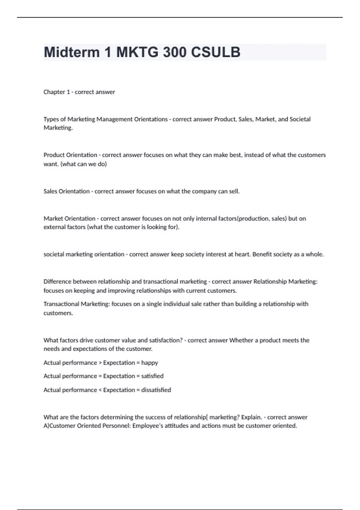 Midterm 1 MKTG 300 CSULB Question and answers 2024 correctly solved 2024 - CSULB - Stuvia US