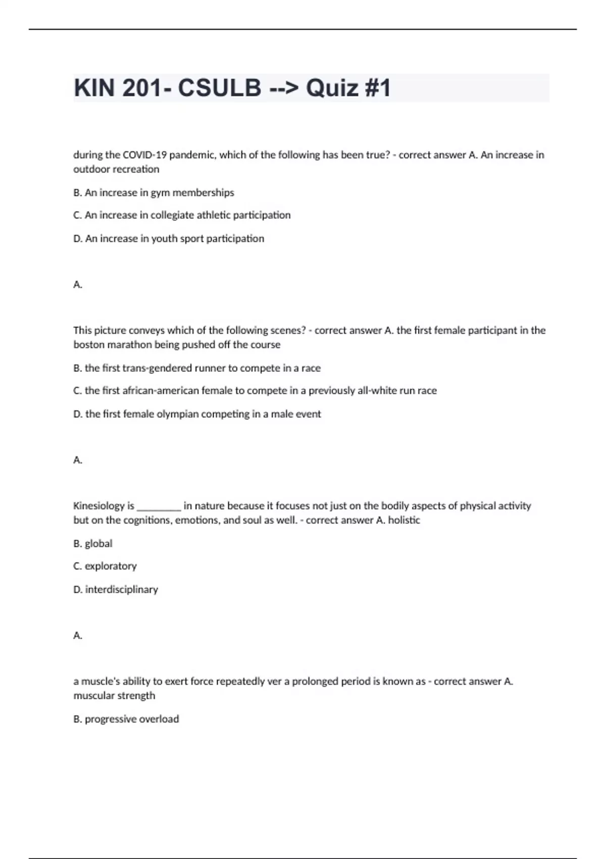 KIN 201- CSULB Quiz #1 Question and answers 100% correct 2024 - CSULB ...