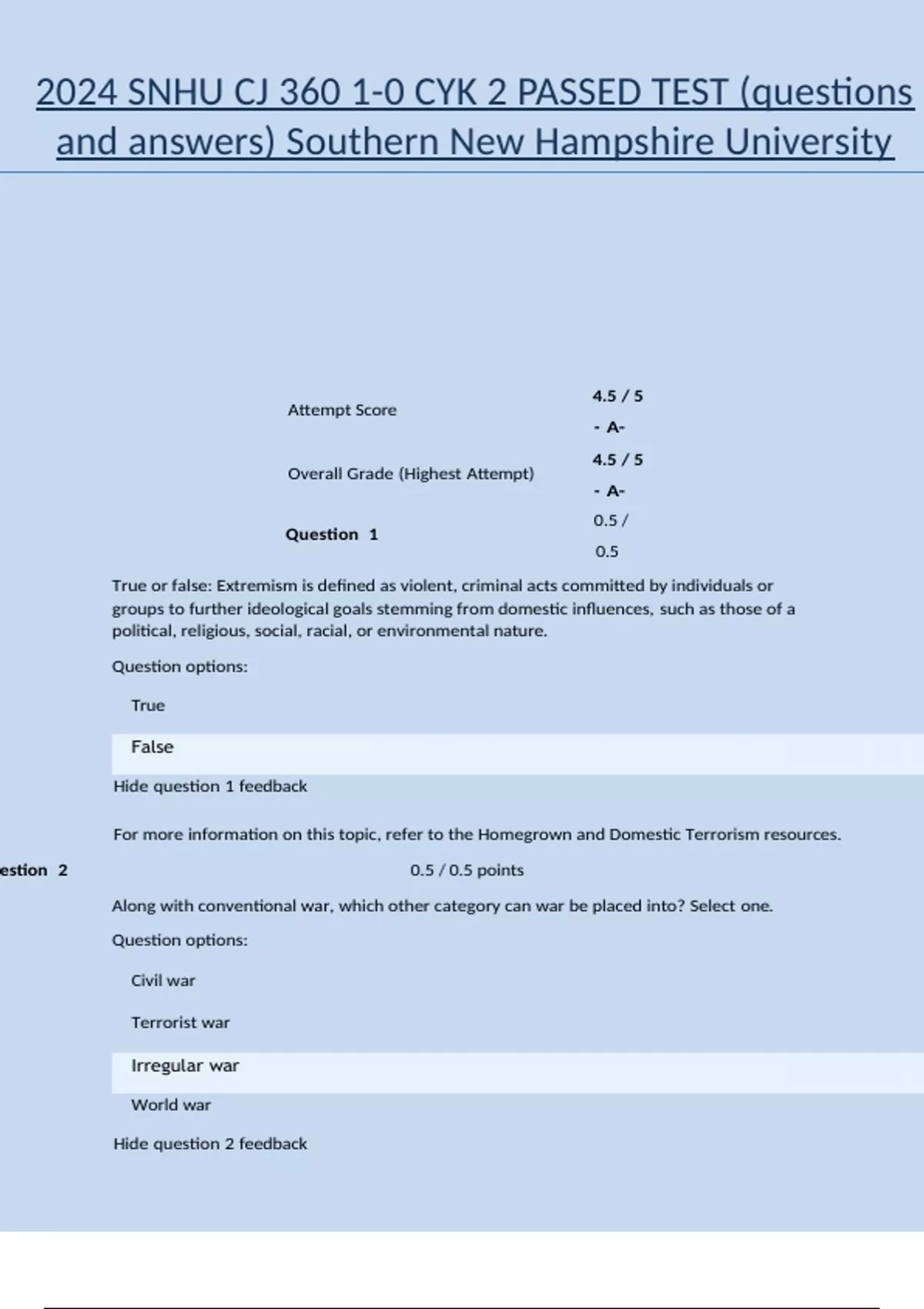 2024 SNHU CJ 360 1-0 CYK 2 PASSED TEST (questions and answers) Southern ...