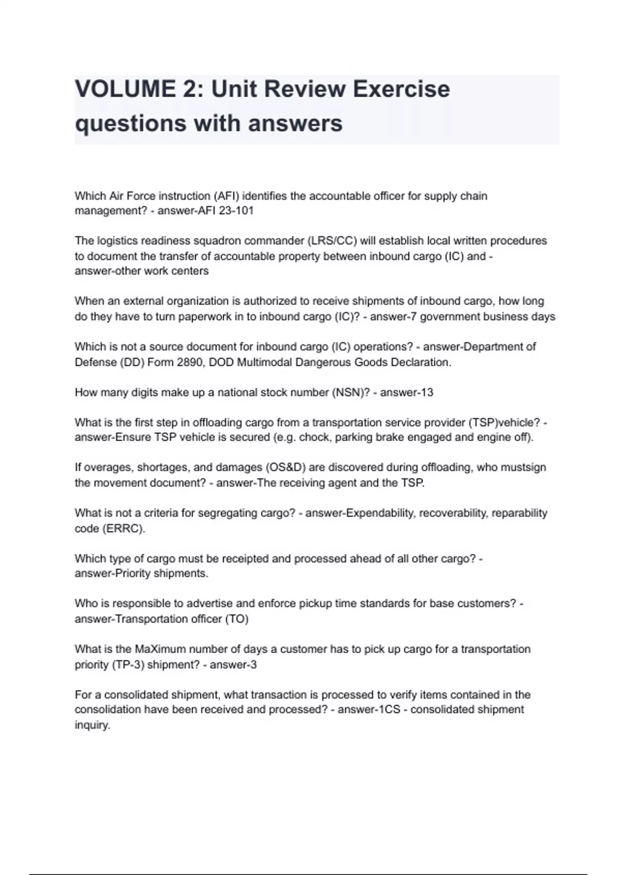 VOLUME 2_ Unit Review Exercise questions with answers with complete ...