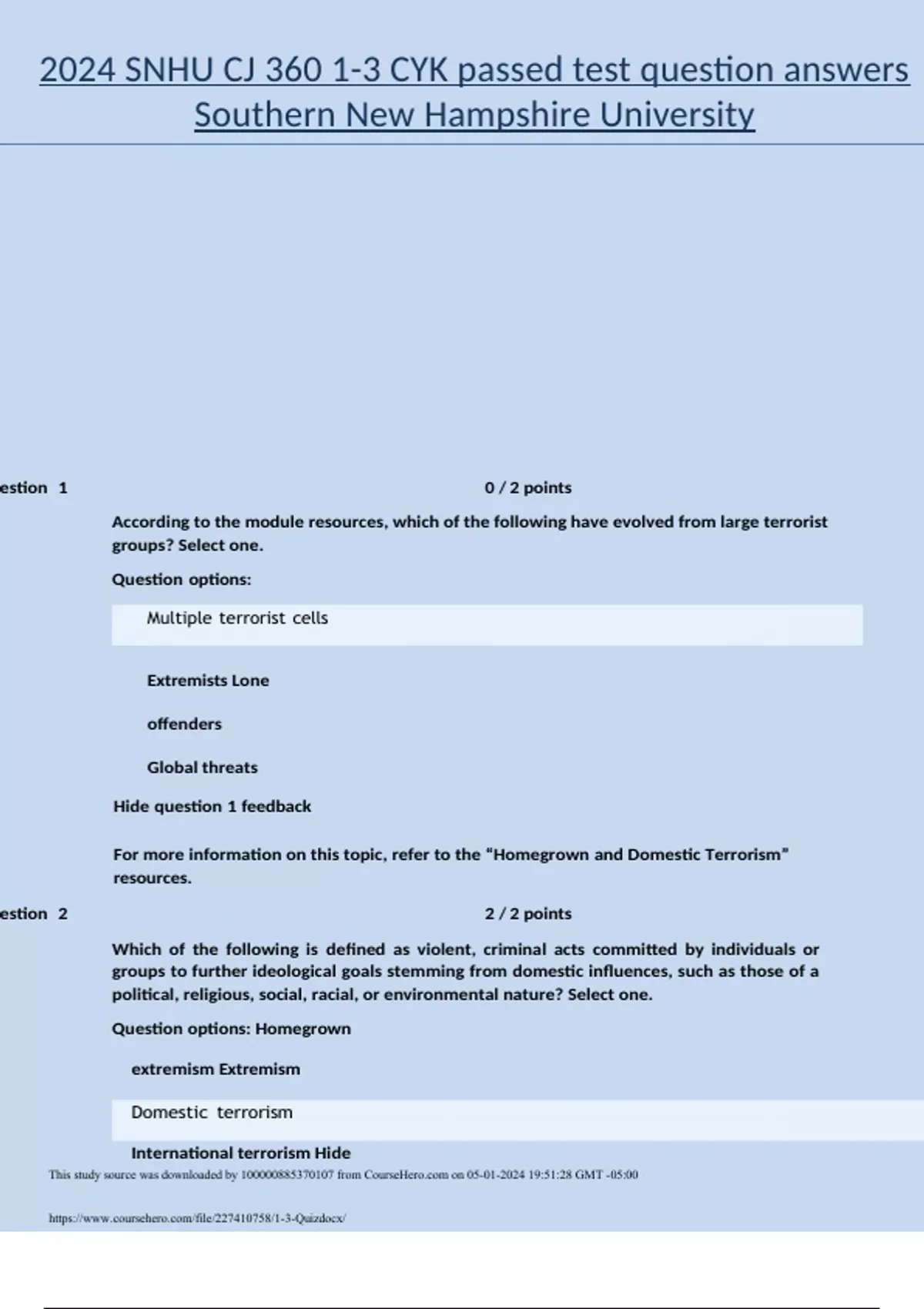 2024 SNHU CJ 360 1-3 CYK passed test question answers Southern New ...