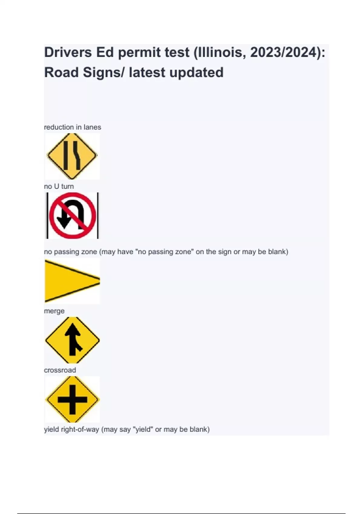 Drivers Ed permit test (Illinois, 2023/2024) Road Signs/latest updated ...