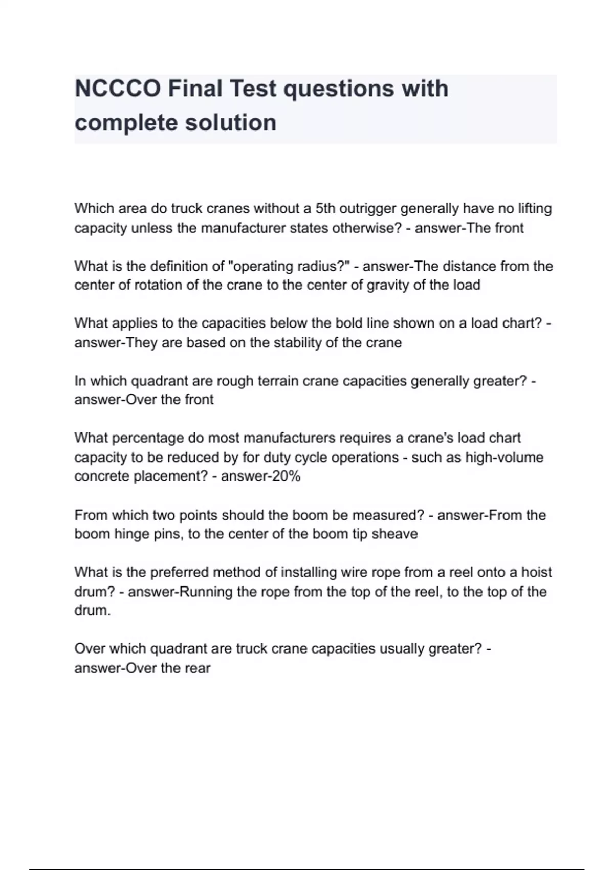 NCCCO Final Test questions with complete solution - NCCCO tower crane ...