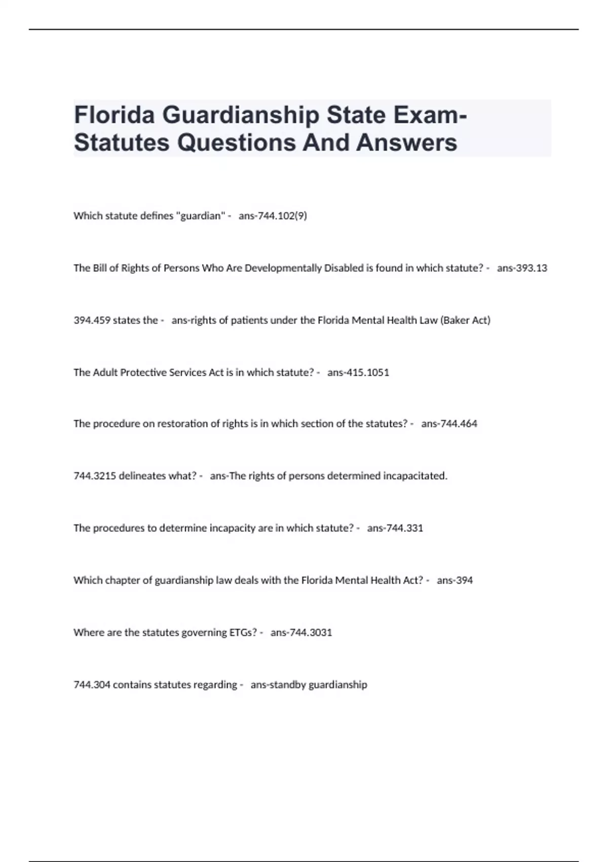 Florida Guardianship State Exam-Statutes Questions And Answers ...