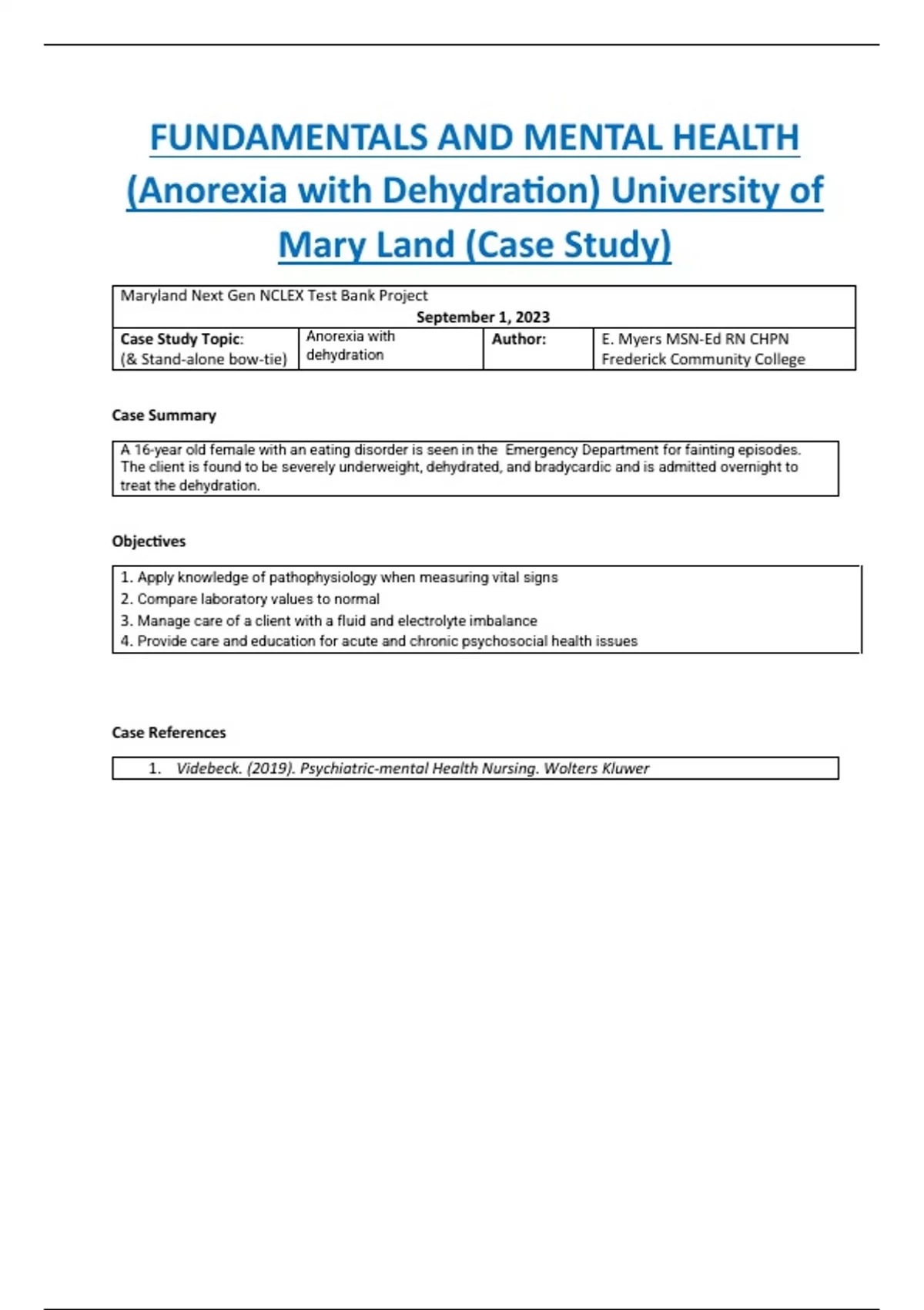 FUNDAMENTALS AND MENTAL HEALTH (Anorexia with Dehydration) University ...