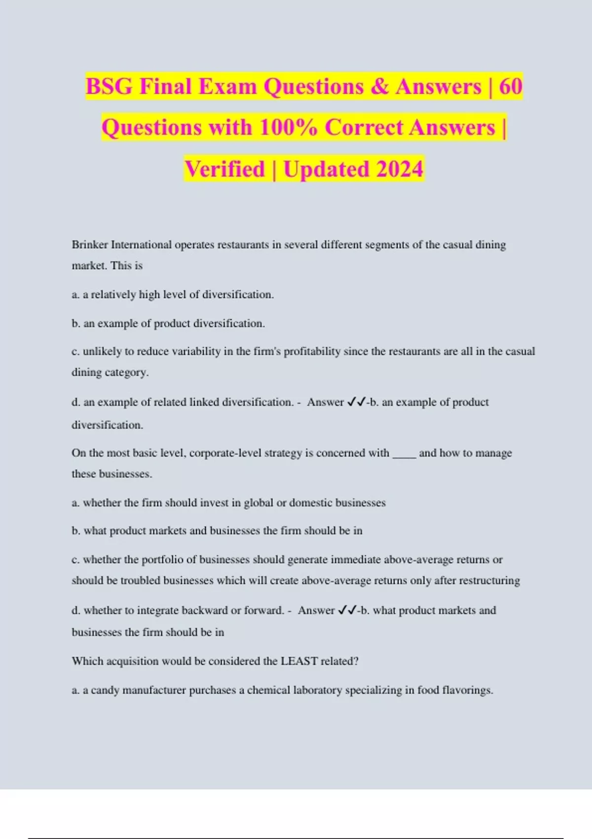 BSG Final Exam Questions & Answers | 60 Questions with 100% Correct ...