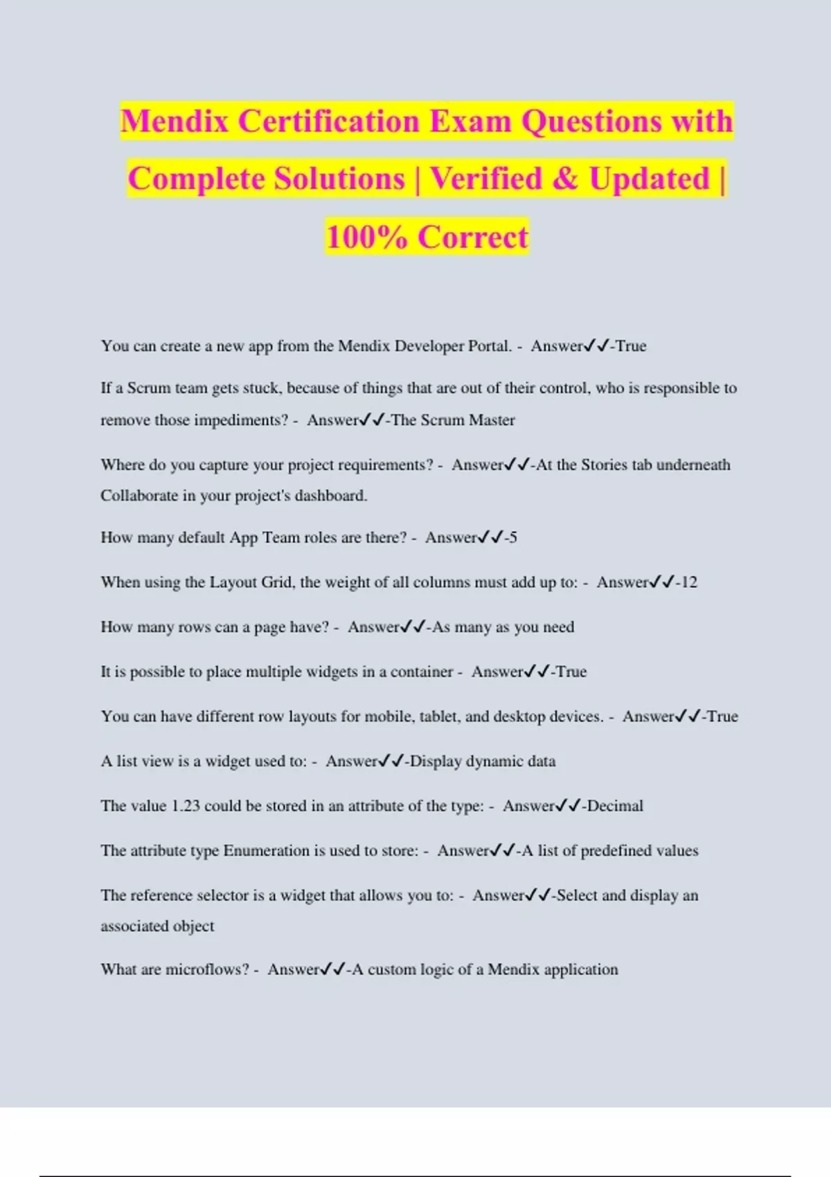 Mendix Certification Exam Questions with Complete Solutions | Verified & Updated | 100% Correct ...