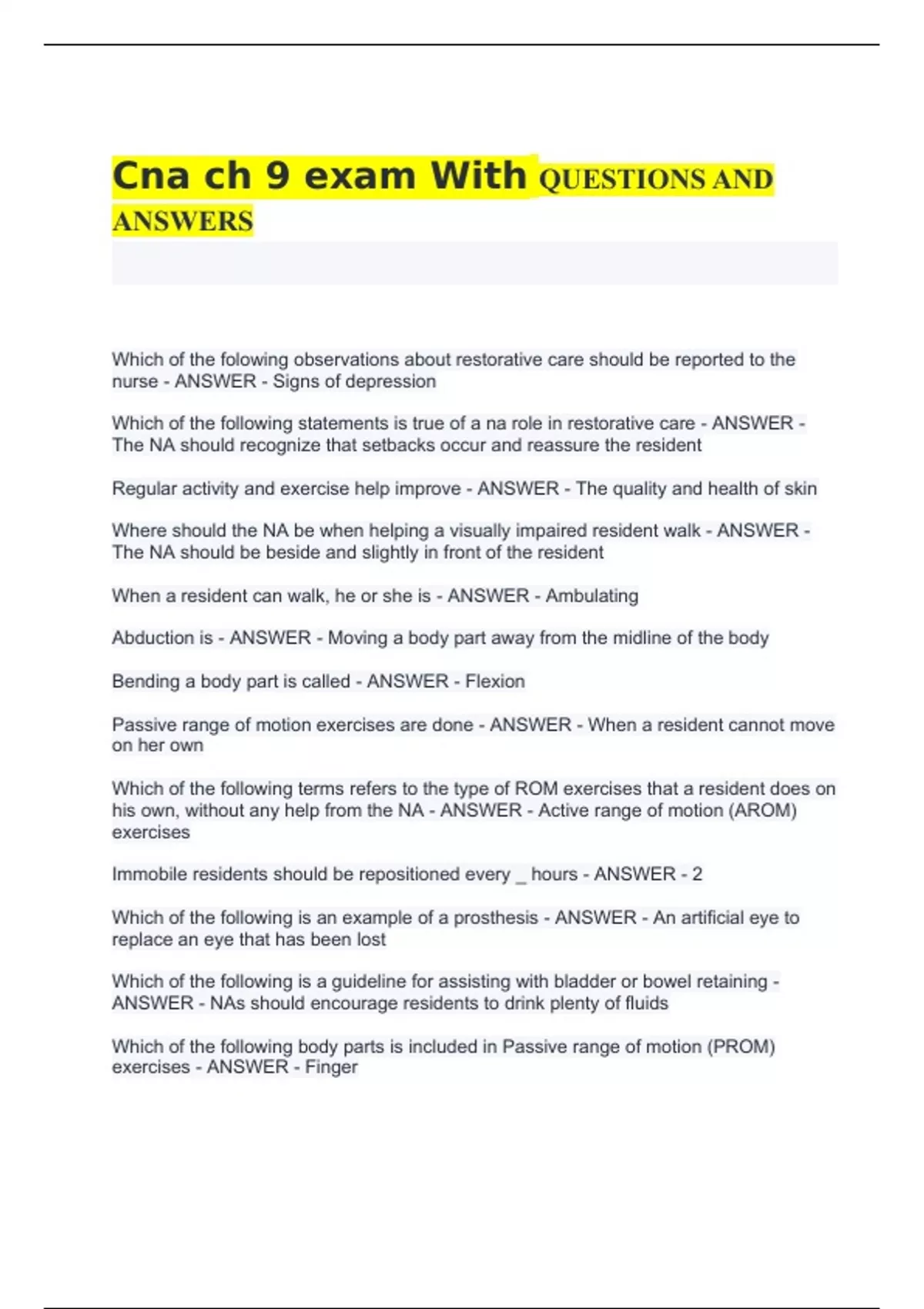 Cna ch 9 exam With QUESTIONS AND ANSWERS - CNA - Certified Nursing Assistant - Stuvia US