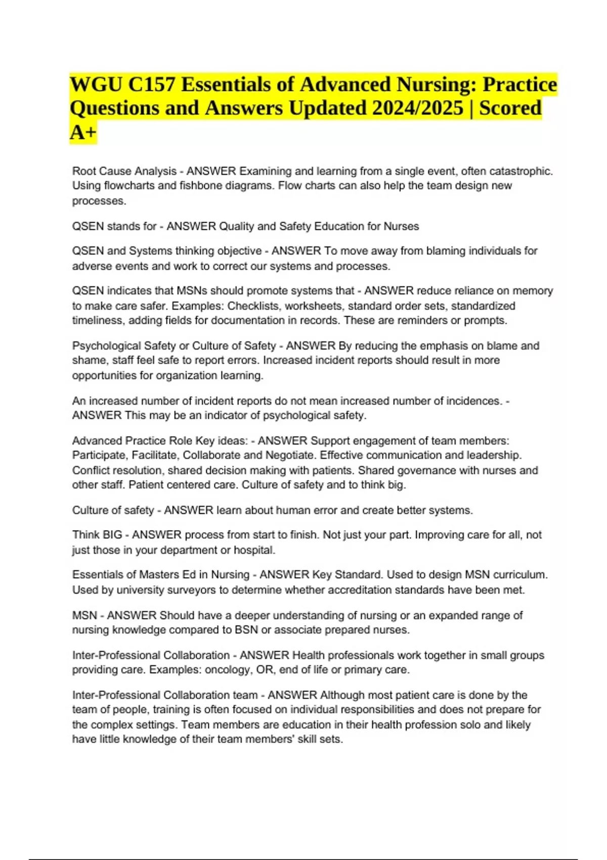 WGU C157 Essentials of Advanced Nursing: Practice Questions and Answers ...